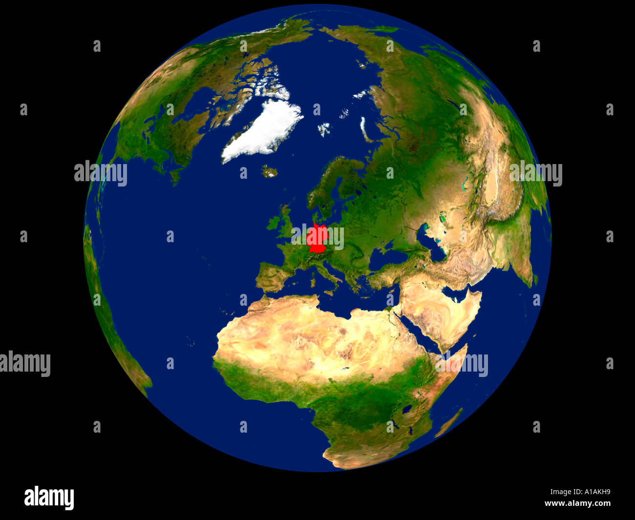 Satellitenbild der Erde mit Deutschland rot hervorgehoben ...