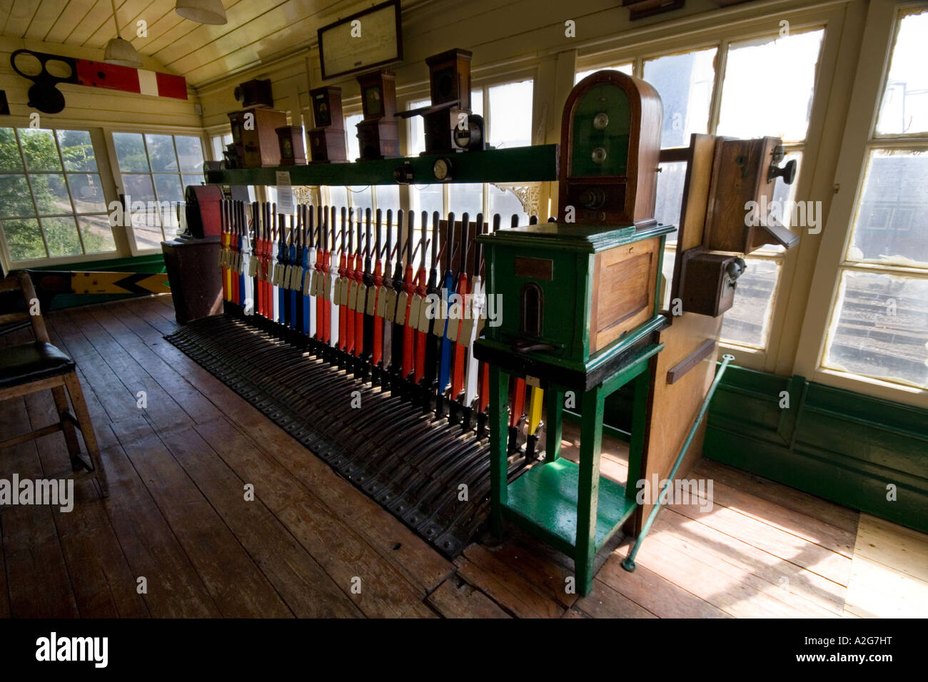 Innere des Original-Signal Box East Anglian Eisenbahnmuseum Chappel und ...