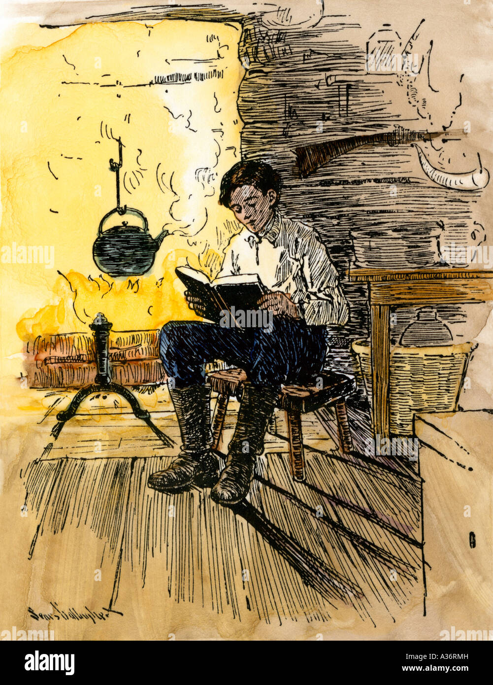 Abe Lincoln als Junge gelesen von firelight in seiner Familie Blockhaus ...