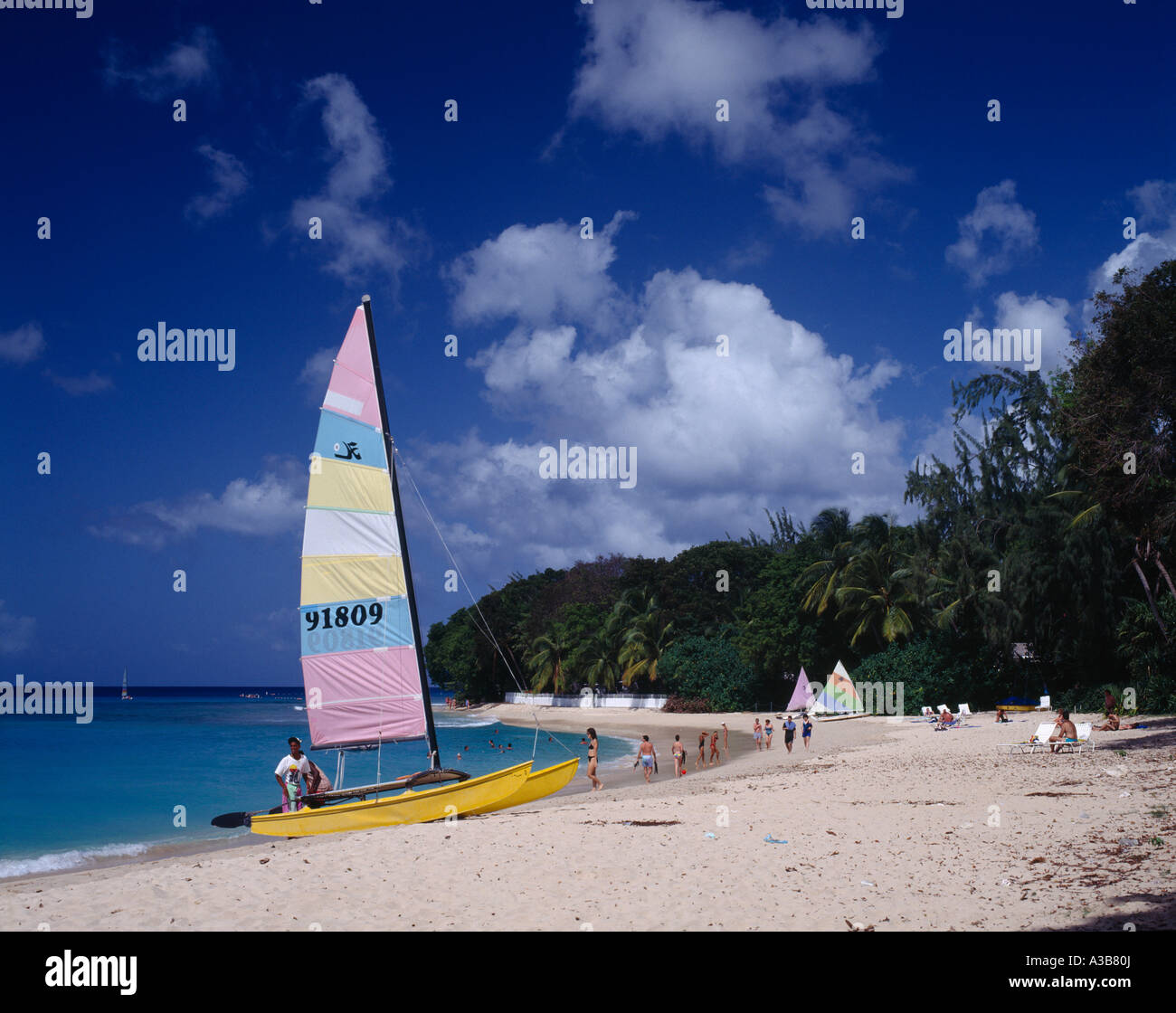 BARBADOS Karibik West Indies Westküste Sandy Lane Beach gelbe Hobie Cat ...