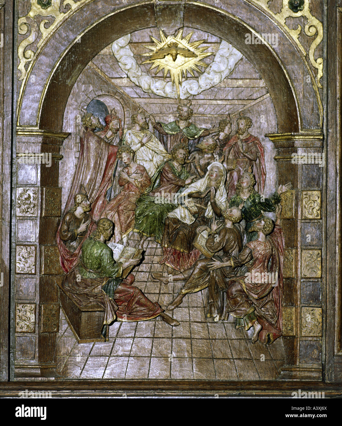 Bildende Kunst, sakrale Kunst, biblische Szenen, Wunder von Pfingsten, Relief, Holz, lackiert ...