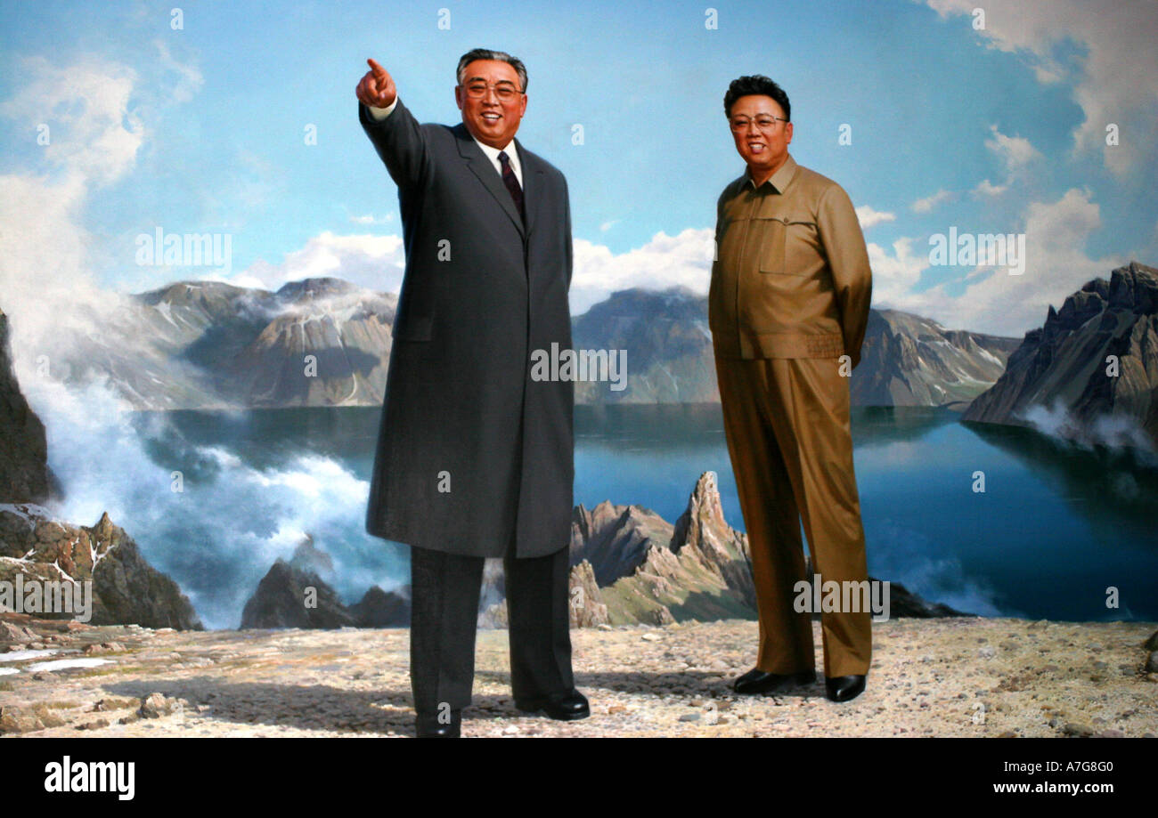 Malerei im koreanischen Kunstmuseum des Führers stehen sung und Kim Jong-Il am Berg Paektu ...