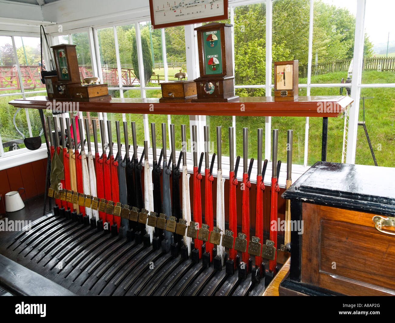 Innenraum einer Anfang des 20. Jahrhunderts Eisenbahn Stellwerk Beamish ...