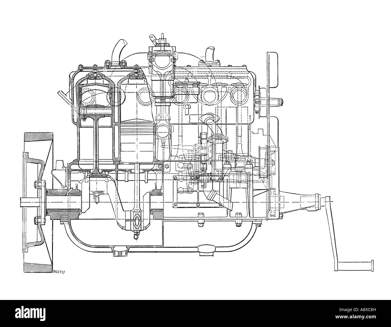 LÄNGSSCHNITT-DIAGRAMM VON SIDDELEY-VIERZYLINDER-BENZINMOTOR ...