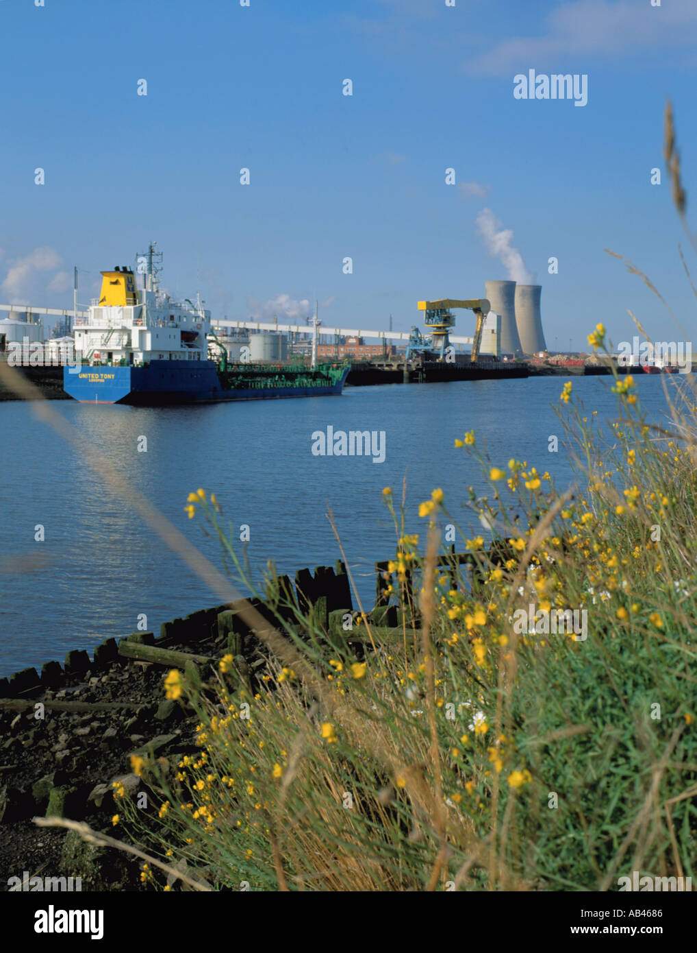 Schwedischer Frachter auf River Tees neben Billingham Chemical Complex ...