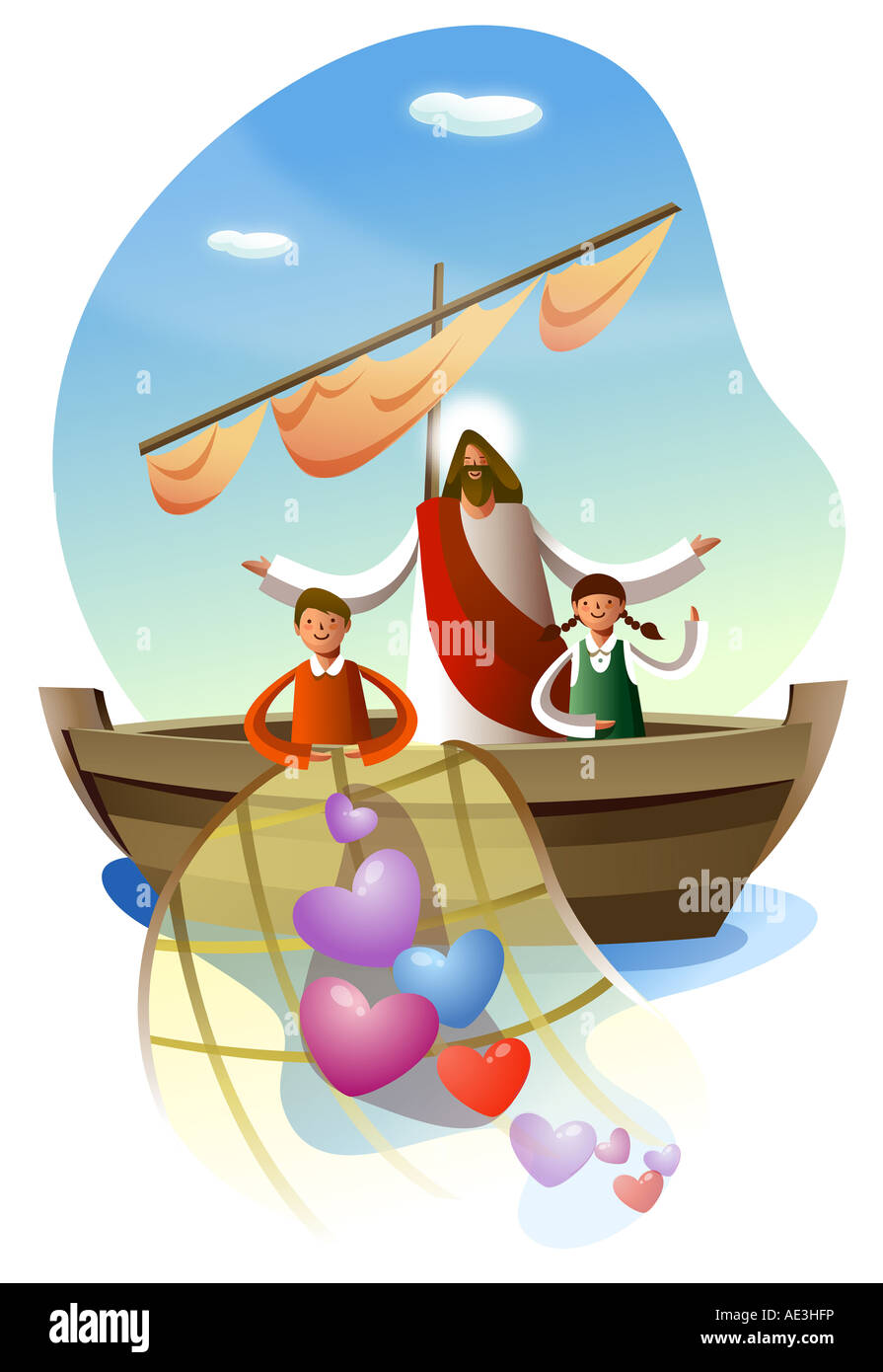 Jesus Christus steht ein Junge und ein Mädchen in einem Boot Stockfotografie - Alamy