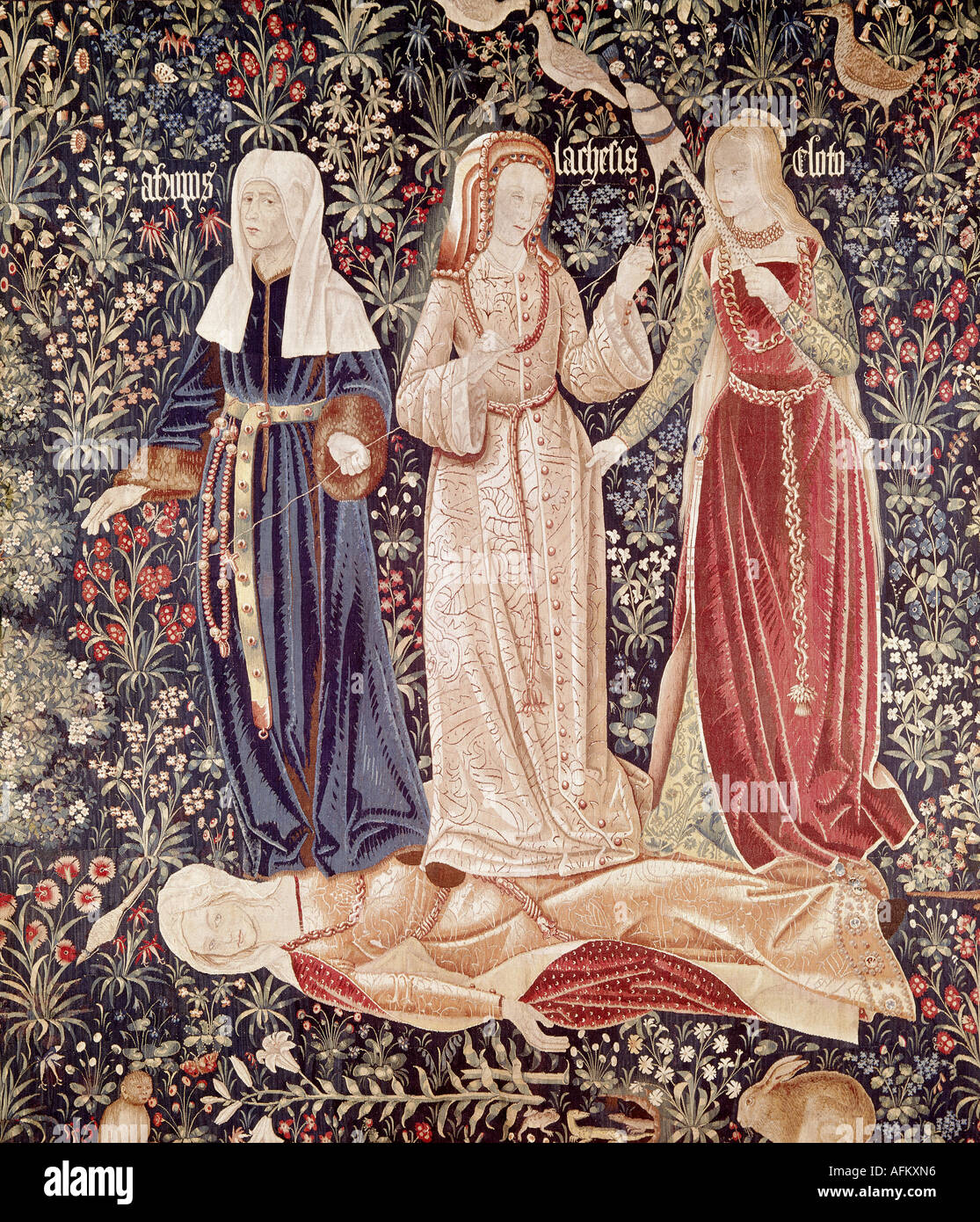 "Bildende Kunst, Gobelin,"die drei Moiren", Tournai, Anfang 16 ...