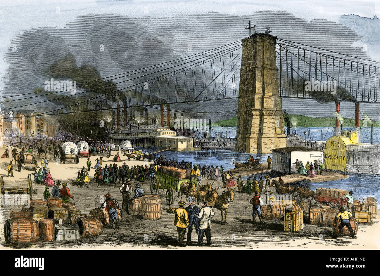 Riverboats Beladung am Ohio River Levee in Cincinnati 1860. Hand ...