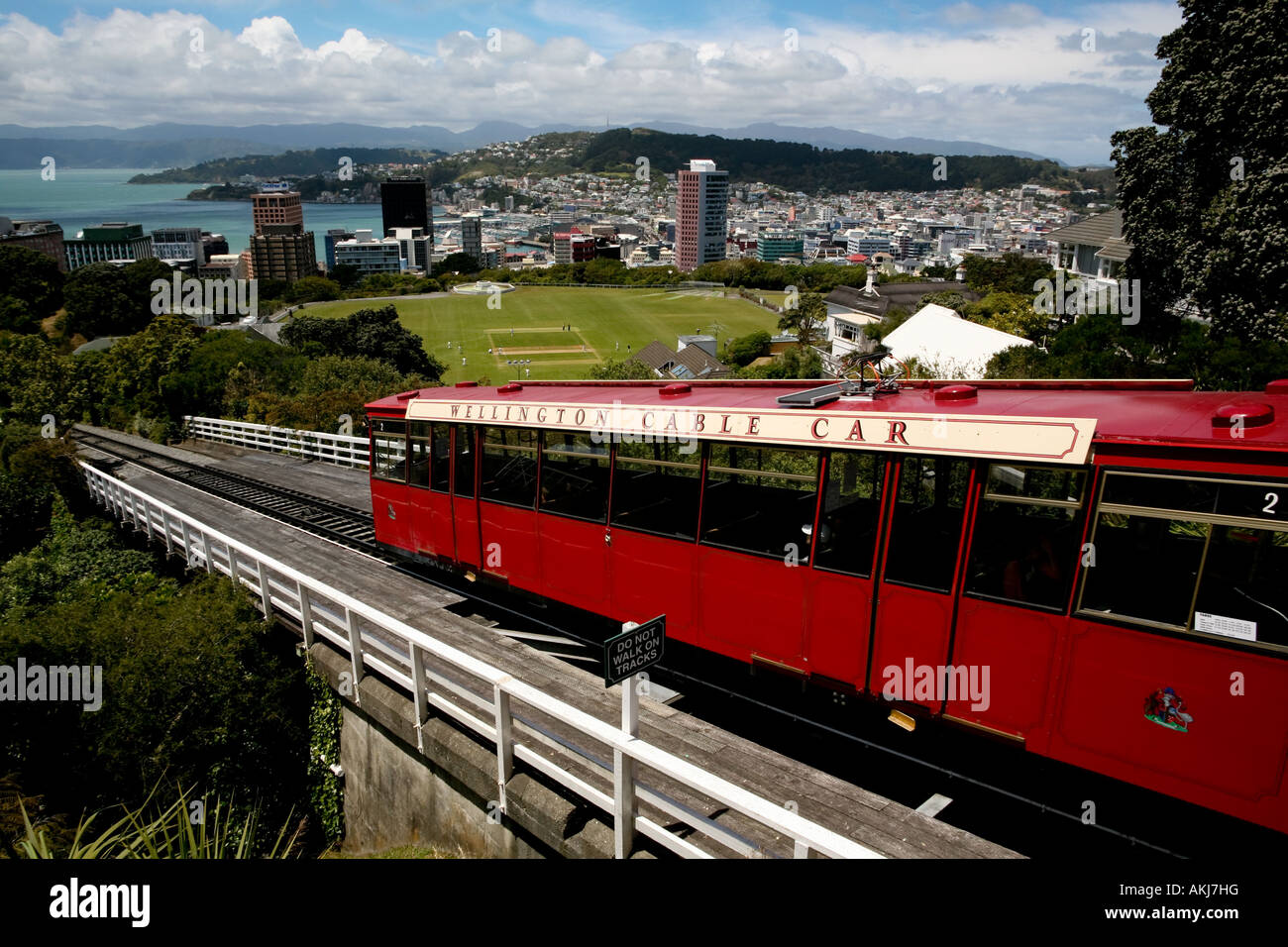 Wellingtons Seilbahn entfernt, mit Blick auf eine Partie Cricket und ...