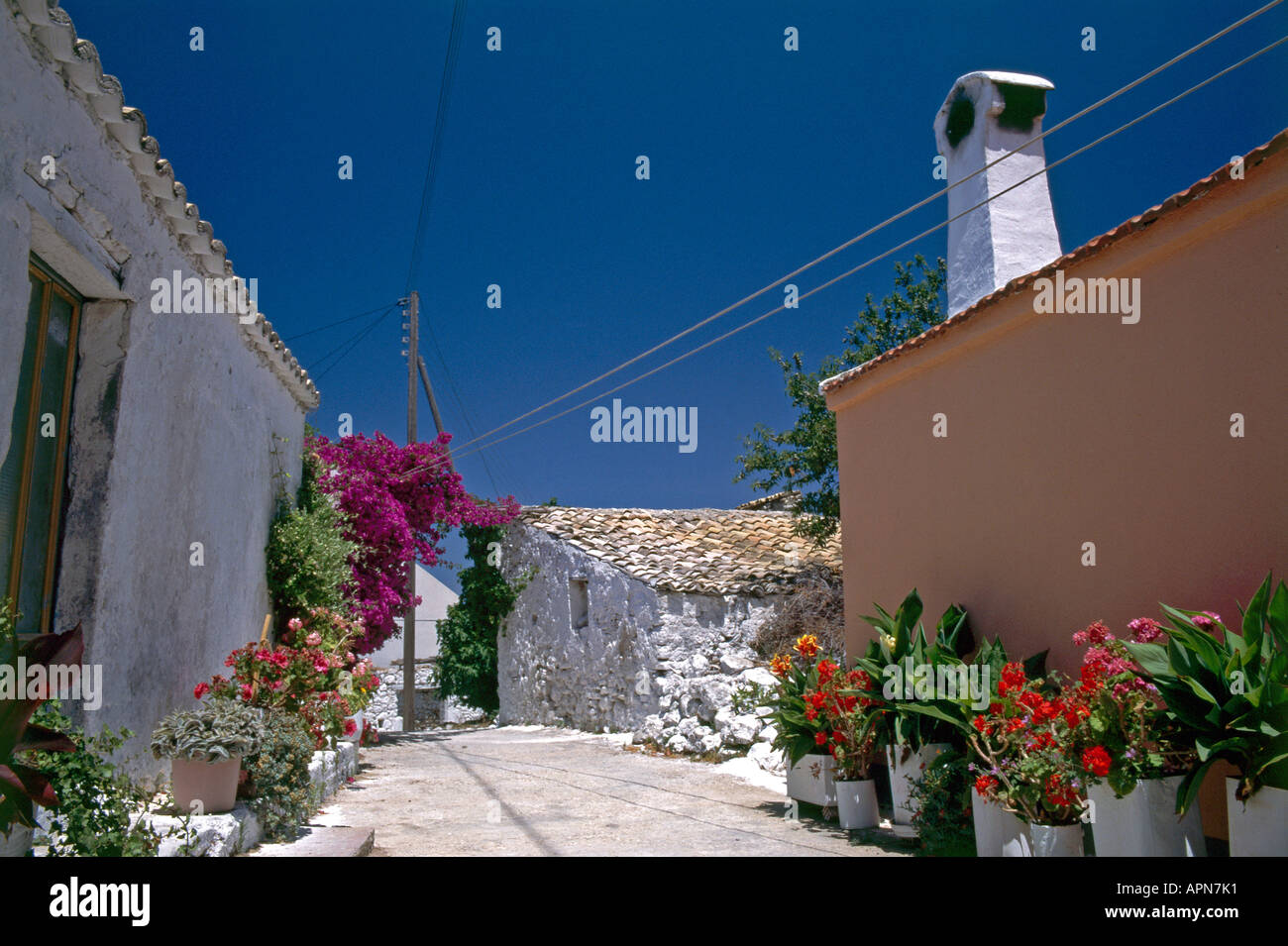 Eine verlassene sonnige Straße im Dorf Afionas auf der Insel Korfu ...