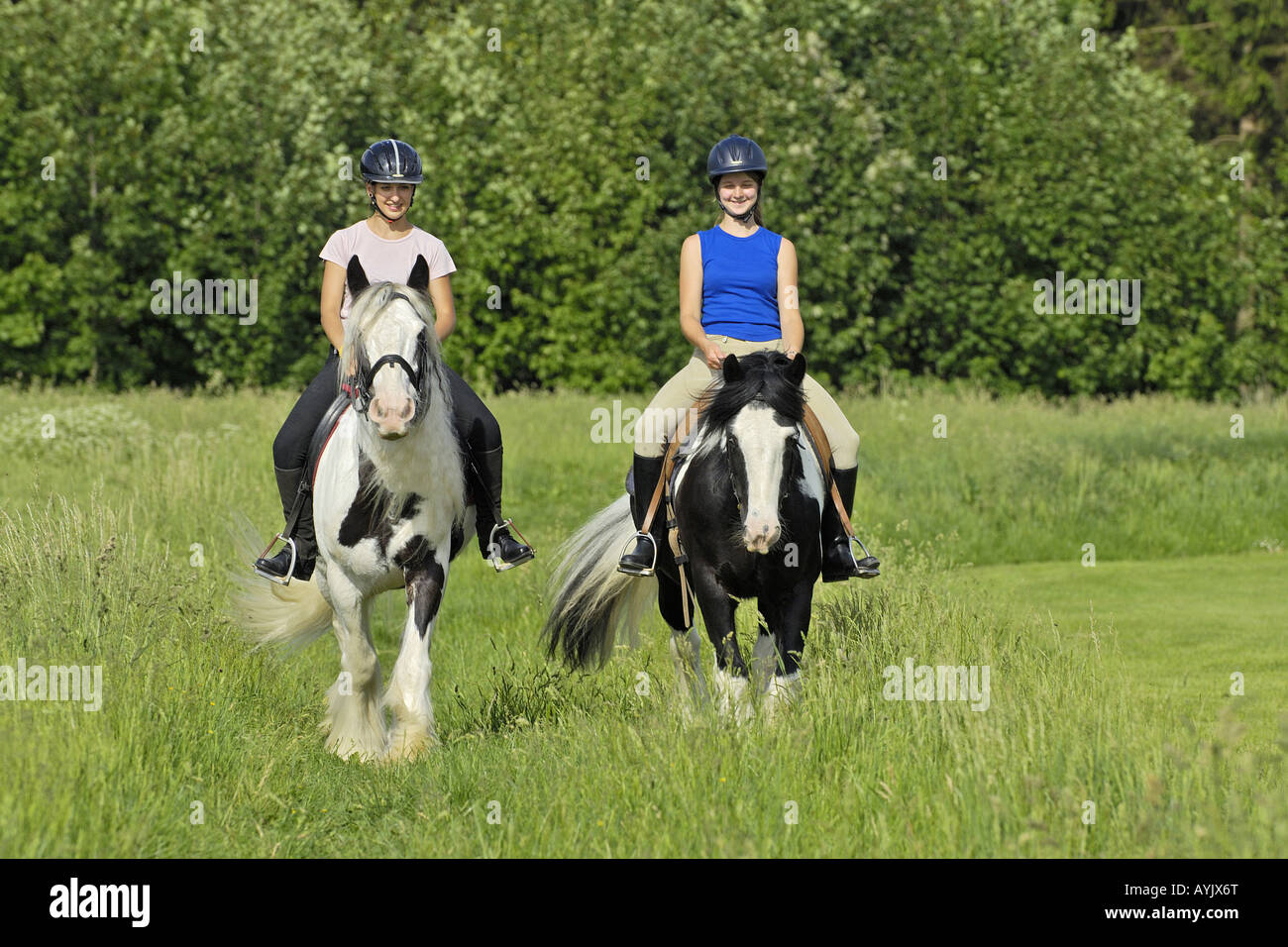 Zwei Mädchen bei einem Ausritt auf Rückseite des Irish Tinker Pferde ...