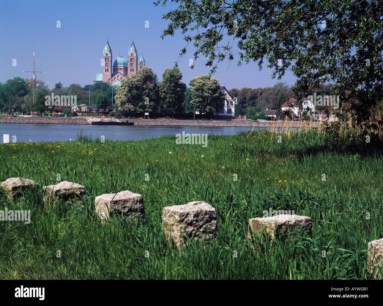 Rheinpromenade Mit Kaiserdom, Begrenzungssteine Auf Einer Wiese, Speyer ...