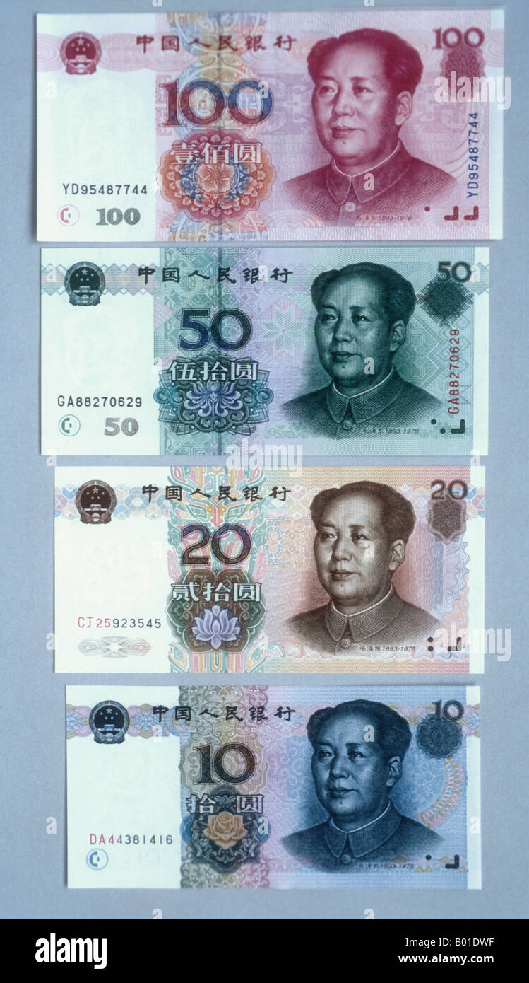 Chinesische Yuan Noten in 100, 50, 20, 10 Ren Min Bi Leute Geld ...