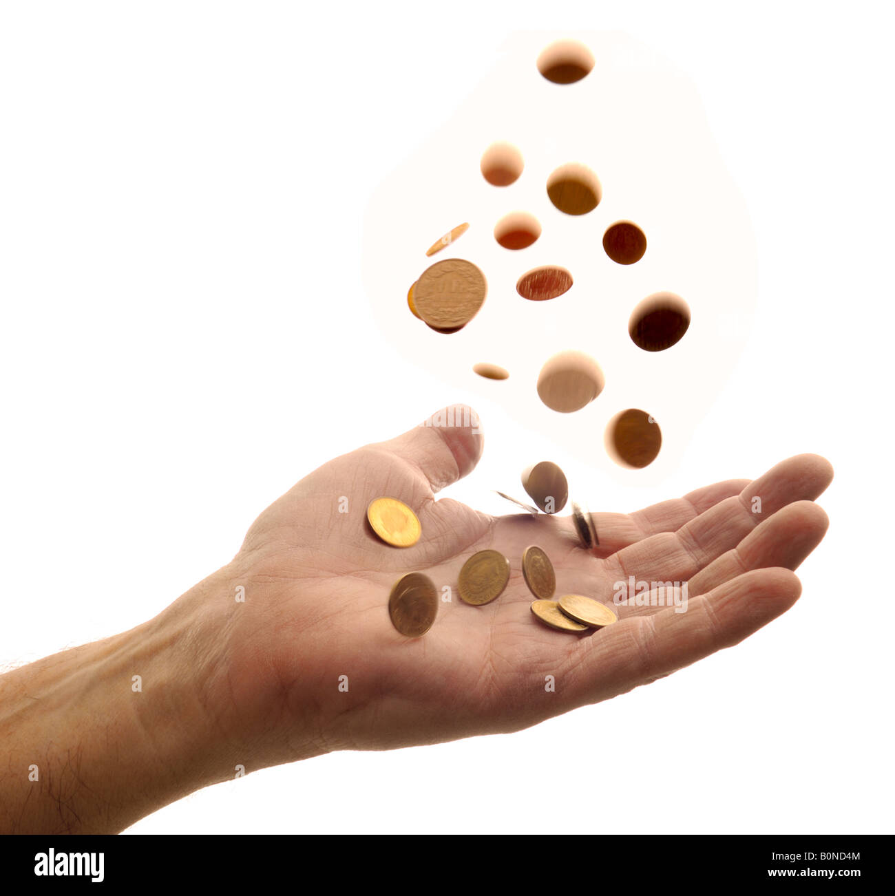 Pennies vom Himmel. Münzen fallen in eine ausgestreckte hand ...
