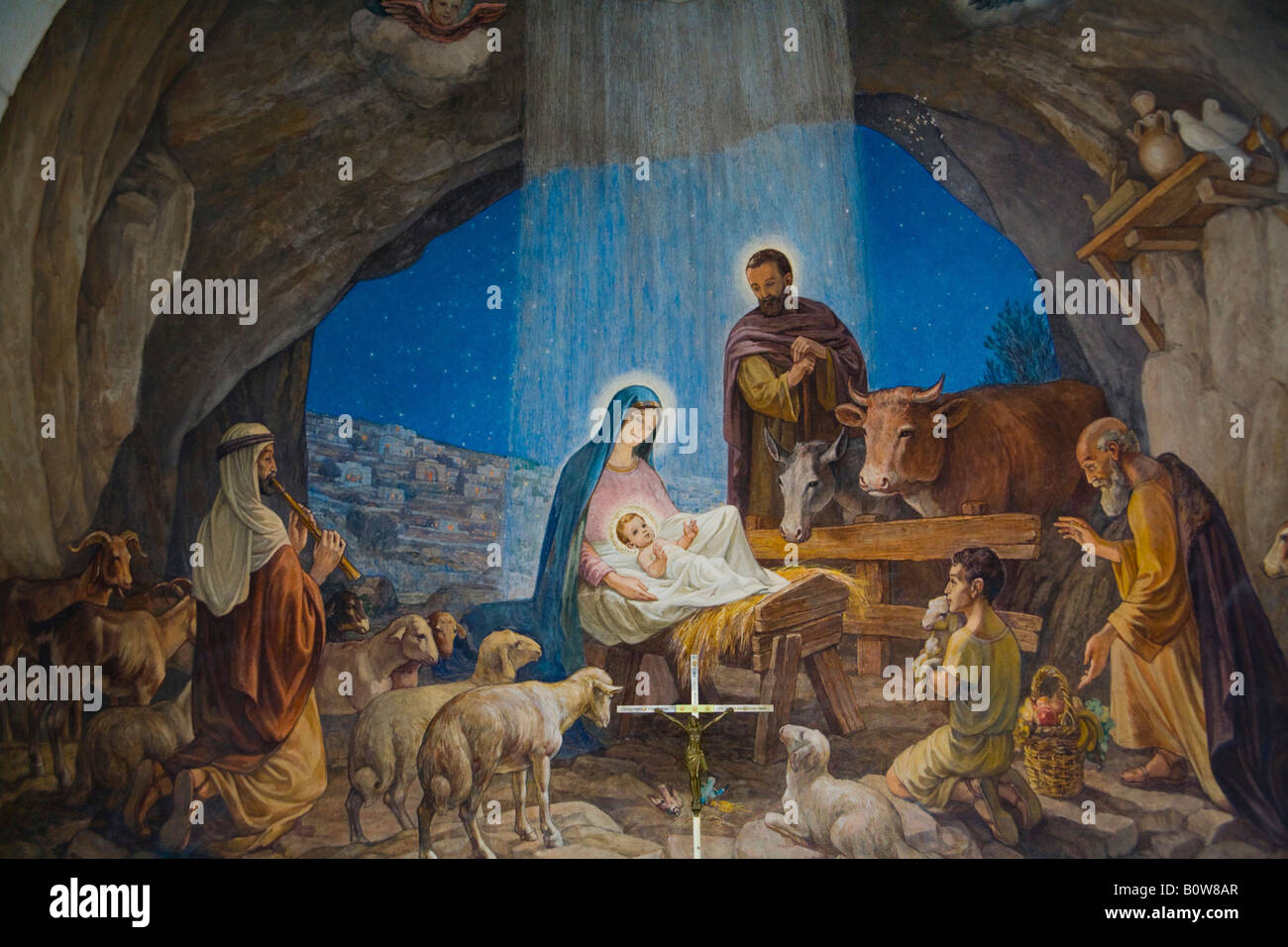 Abschnitt eines Wandbildes in der Hirten Feld Kirche in Bethlehem, Westjordanland, Palästina ...