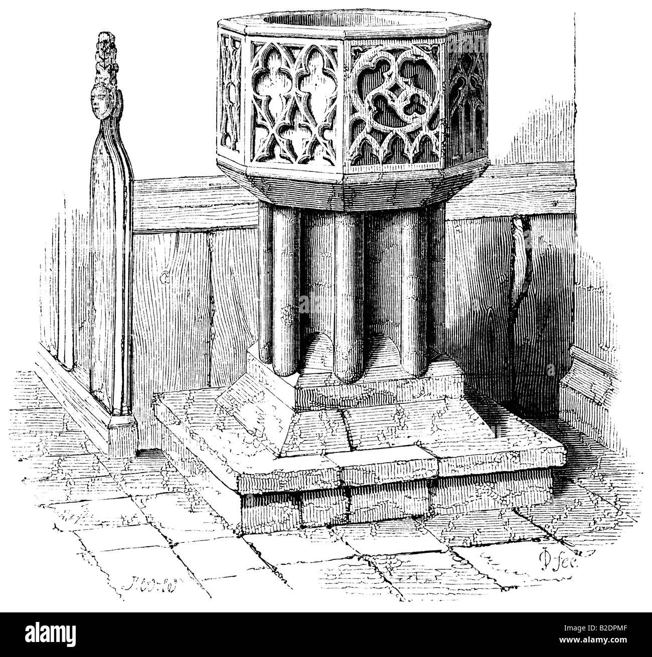 Antik, Gravur, zeigt der dekoriert-Periode (14. Jh.) Stein Taufbecken ...