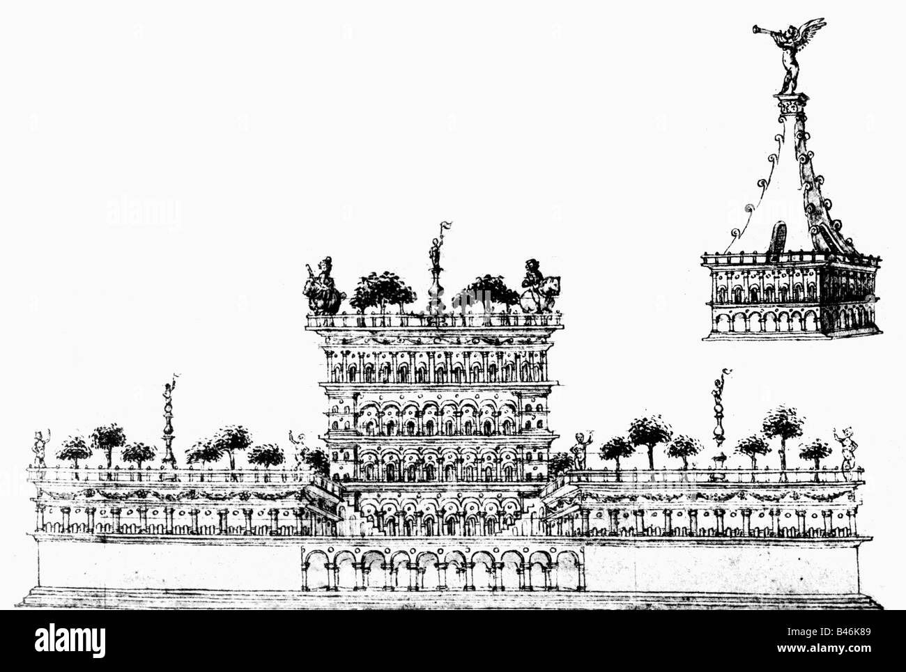 Architektur, Designs, ideale Stadt Sforzinda, Dachgarten, Kupferstich ...