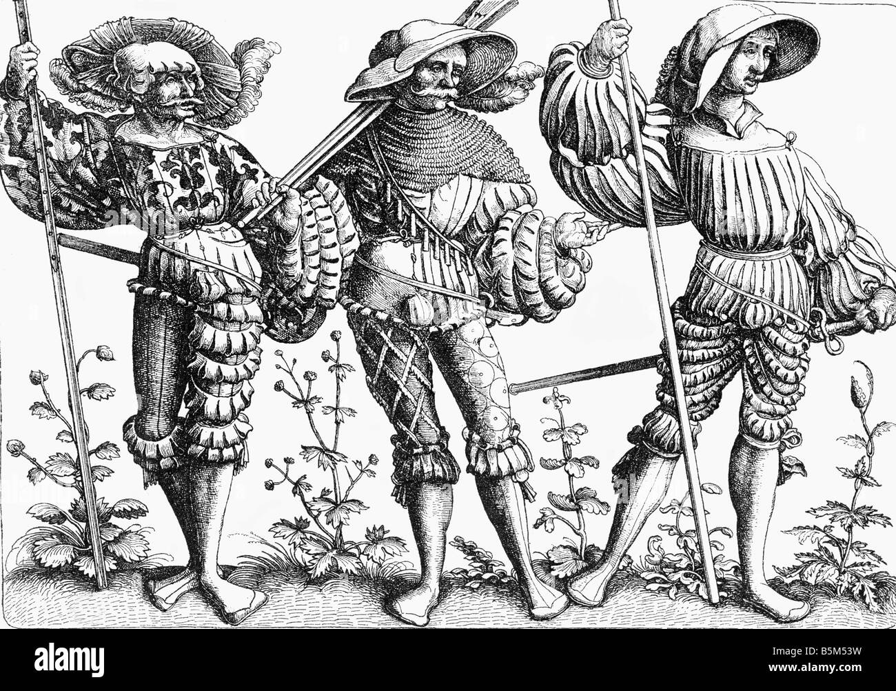 Militär, Landsknechts, Halbadier, arquebusier und Pikeman, Kupferstich ...