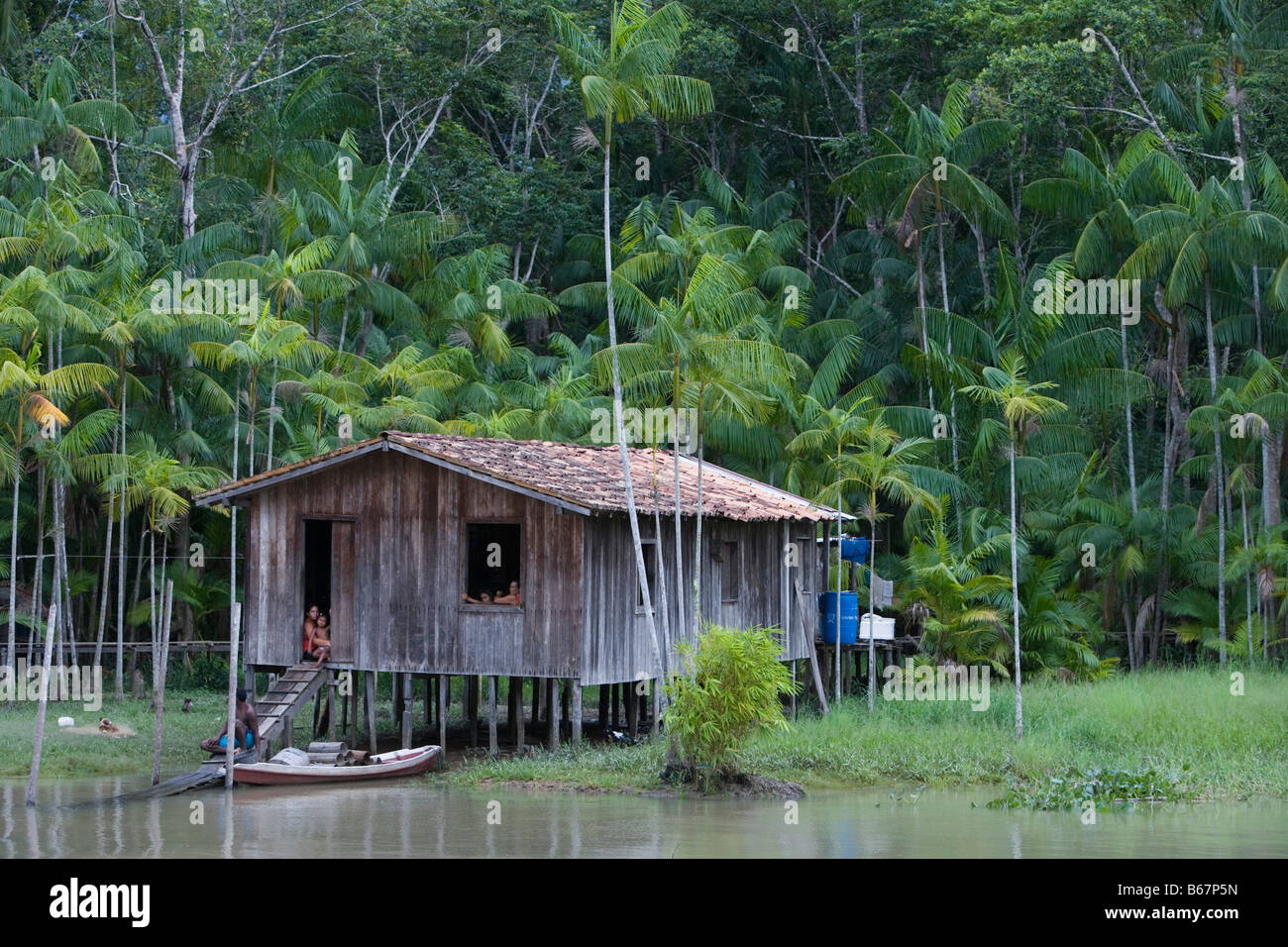 Haus auf Stelzen entlang des Amazonas und tropischen Regenwald, Combo ...
