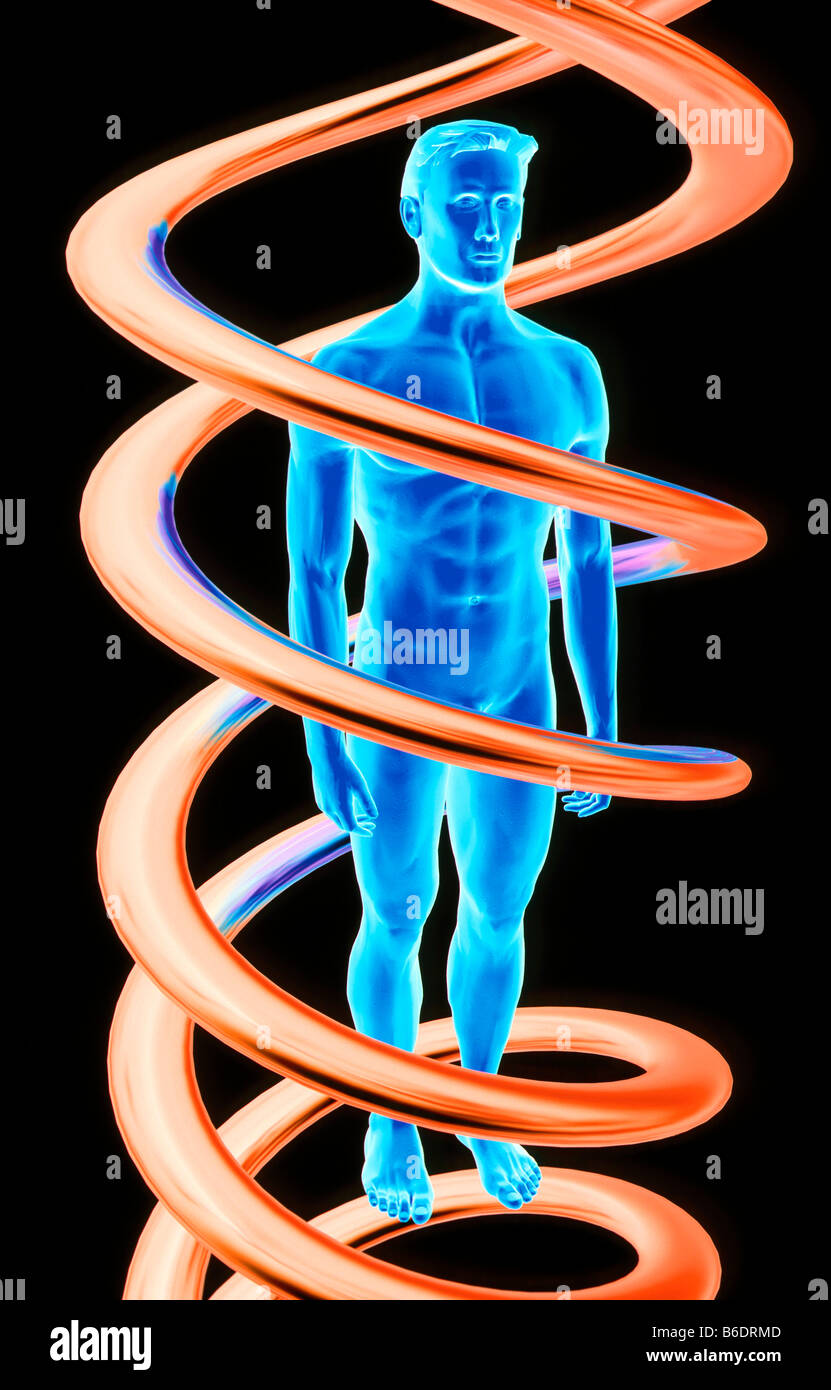 DNA. Computer-Grafik eines DNA-Moleküls um eine menschliche Figur ...