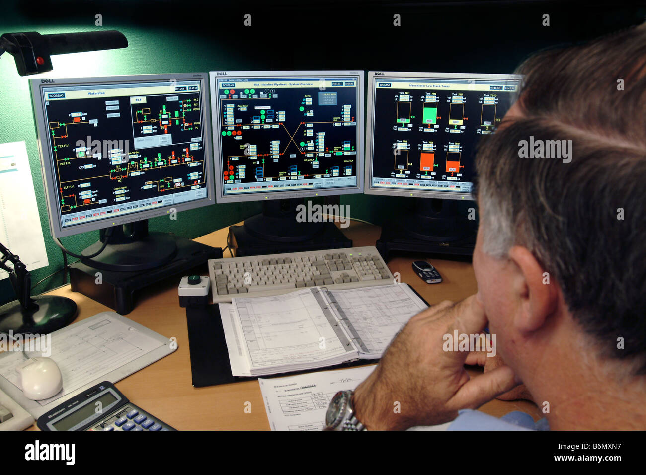 Betreiber und Computer-Bildschirme in eine Öl-Pipeline-Control-Center ...