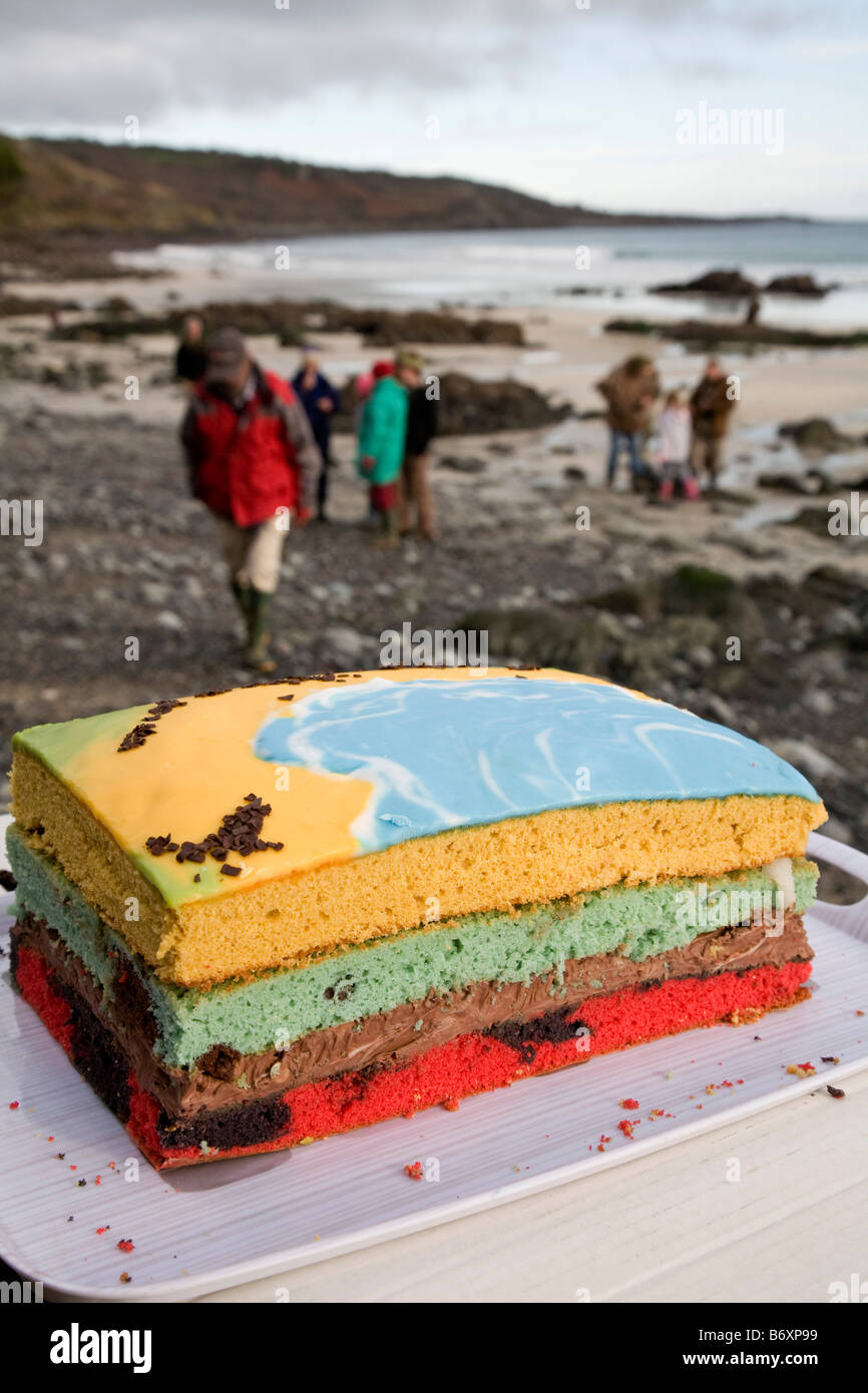 Kuchen mit Felsen Schichten Geologie Exkursion Coverack cornwall Stockfotografie - Alamy