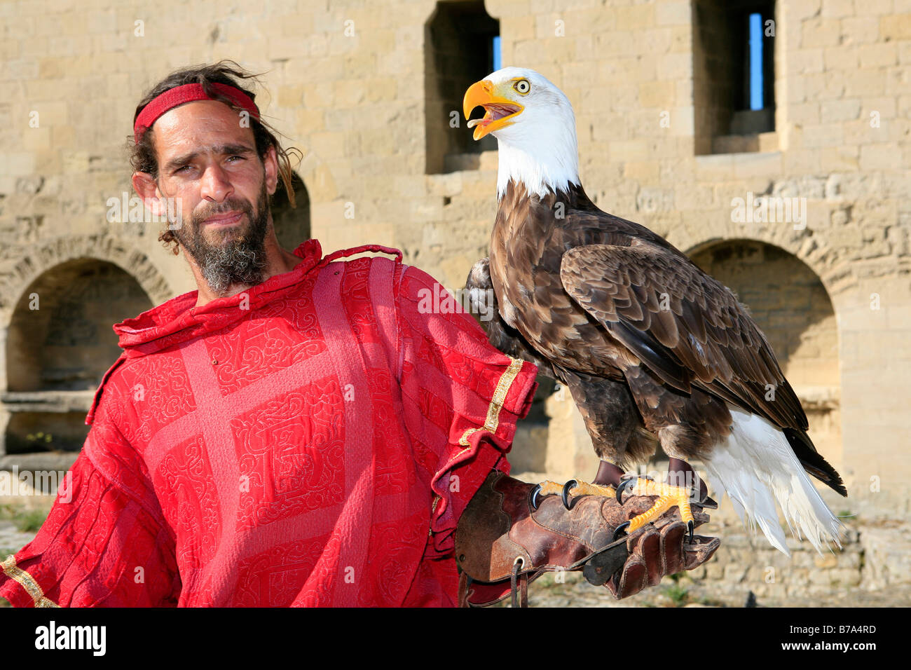 Falkner halten einen Adler bei Beaucaire Schloss in Frankreich ...