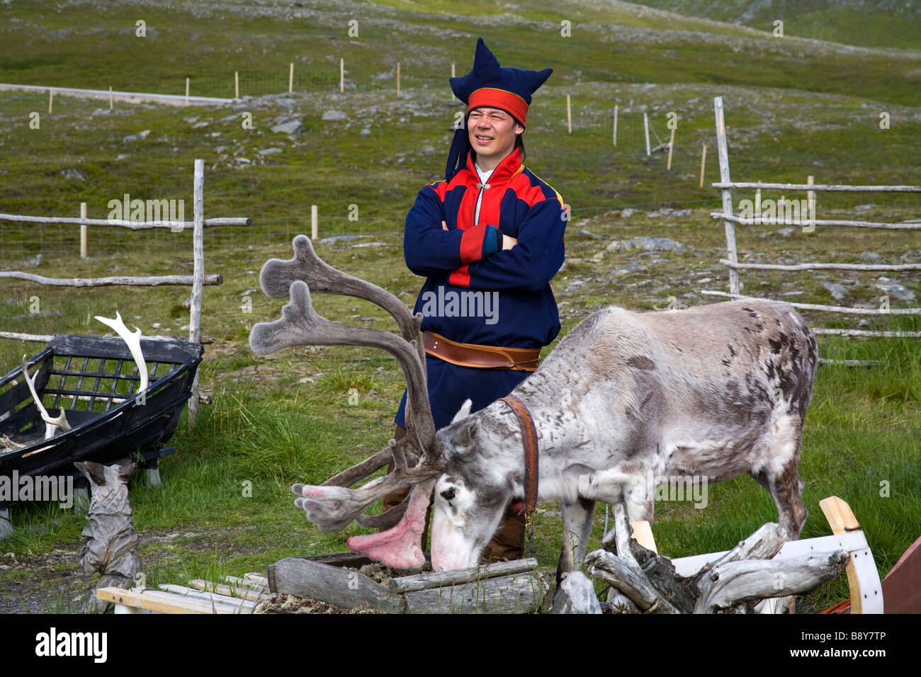 Sami tribal Mann stehend neben ein Rentier, Honningsvag, Mageroya ...