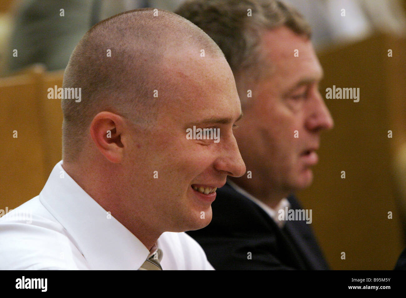 Igor Lebedev Leiter der LDPR Duma-Fraktion und Vladimir Zhirinovsky der Duma s stellvertretender ...