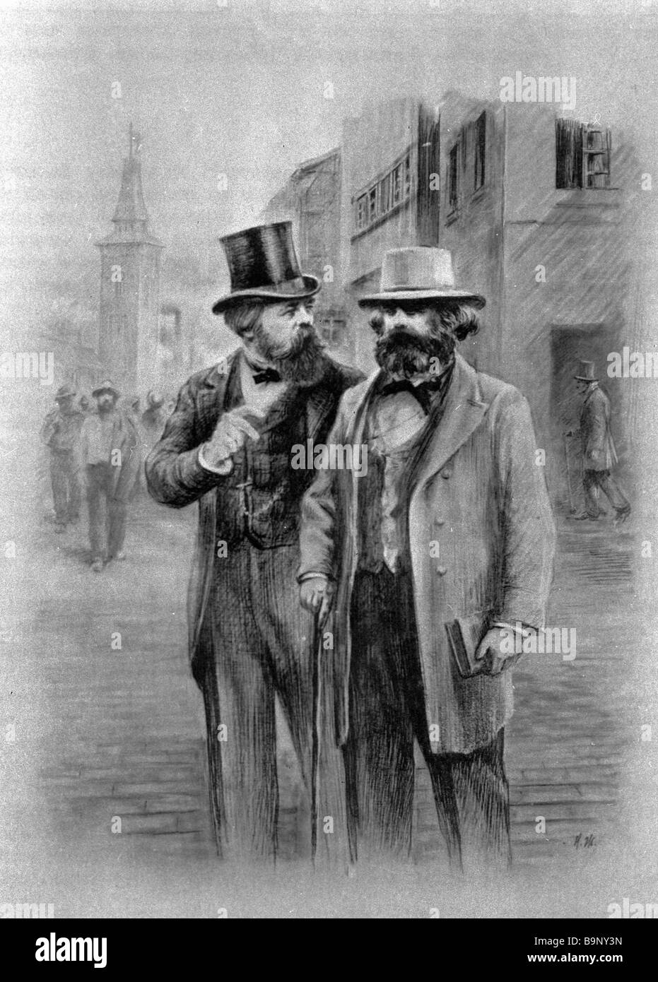 Nikolai Zhukov s zeichnen von Karl Marx und Friedrich Engels ...