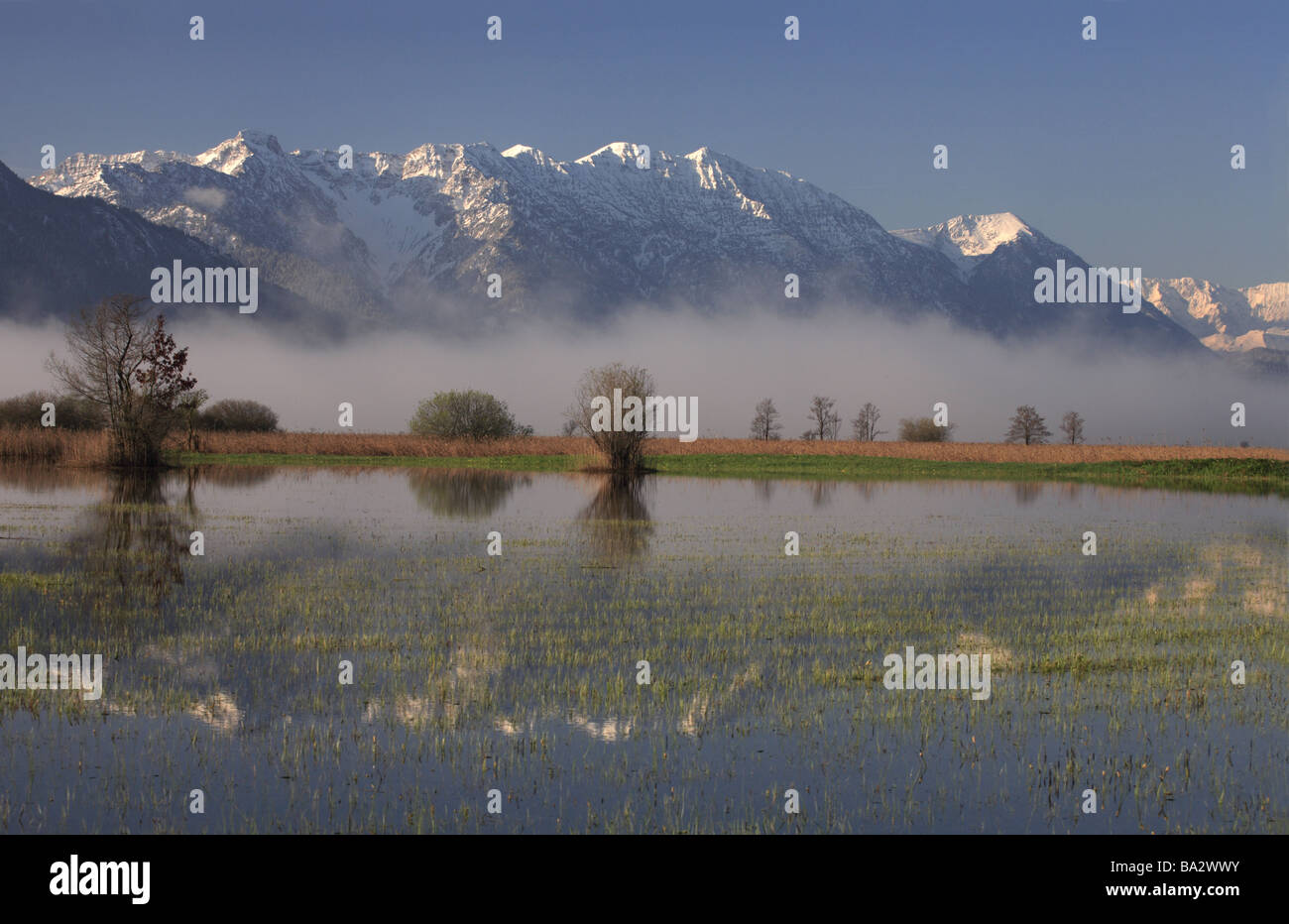 Deutschland-Bayern-Murnauer Moos Hochwasser Ester-Gebirge Nebel ...