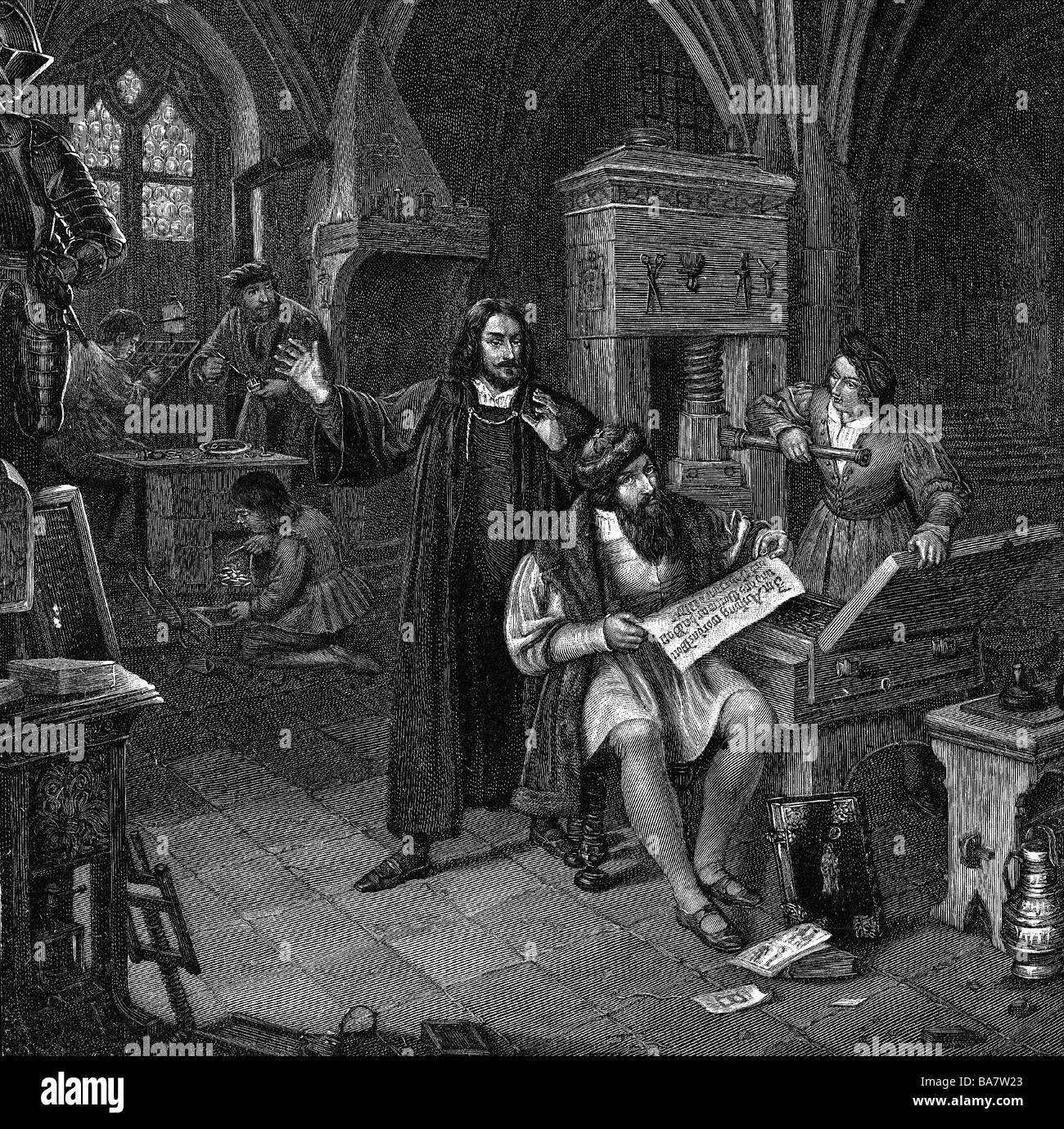 Gutenberg, Johannes Gensfleisch zur Laden zum um, um 1397 - 3.2.1468, deutscher Drucker, mit ...