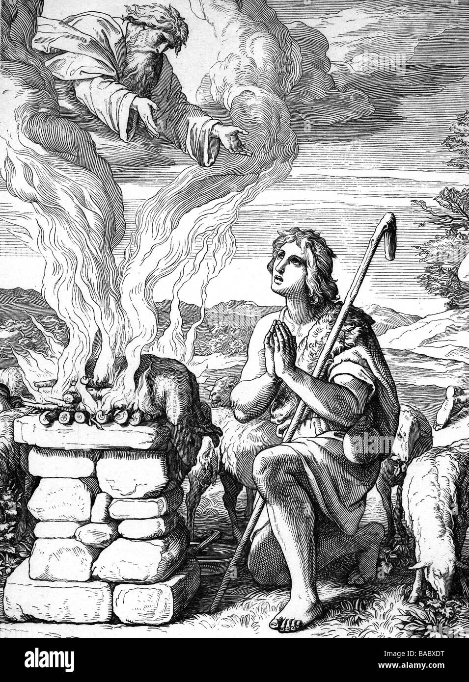 Abel, biblische Figur, Sohn des Adam, Opfer von Abel, Holzgravur von ...