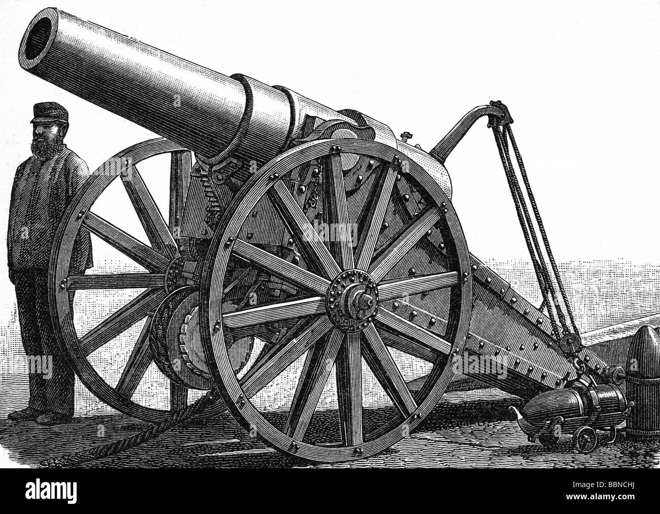 Militär, Artillerie, Waffen, 21-cm-kruppsche Haubitze, Holzgravur, um ...
