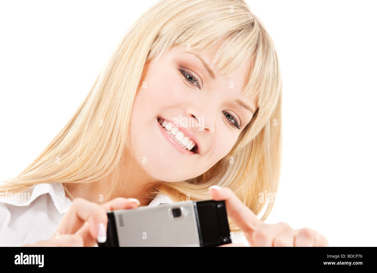 Bild von glücklichen Frau mit Handy-Kamera Stockfotografie - Alamy