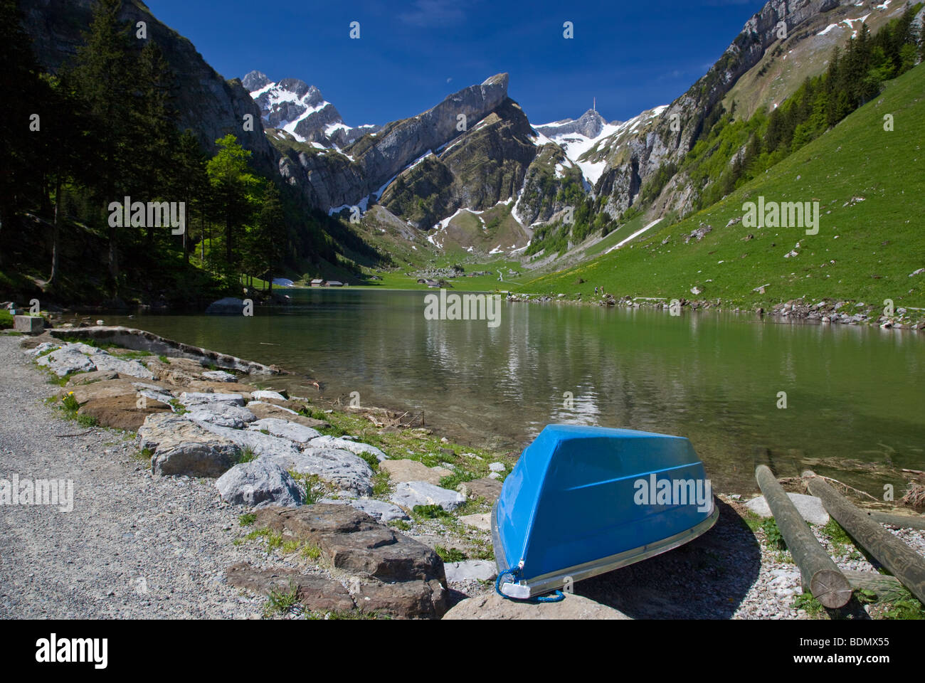 Blaue Barke am Rande der Seealpsee Alpensee, Appenzell Schweiz ...
