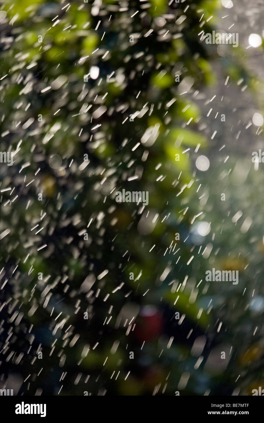 Fallende Myriaden von Wassertropfen in Nahaufnahme aus dem Blickfeld ...