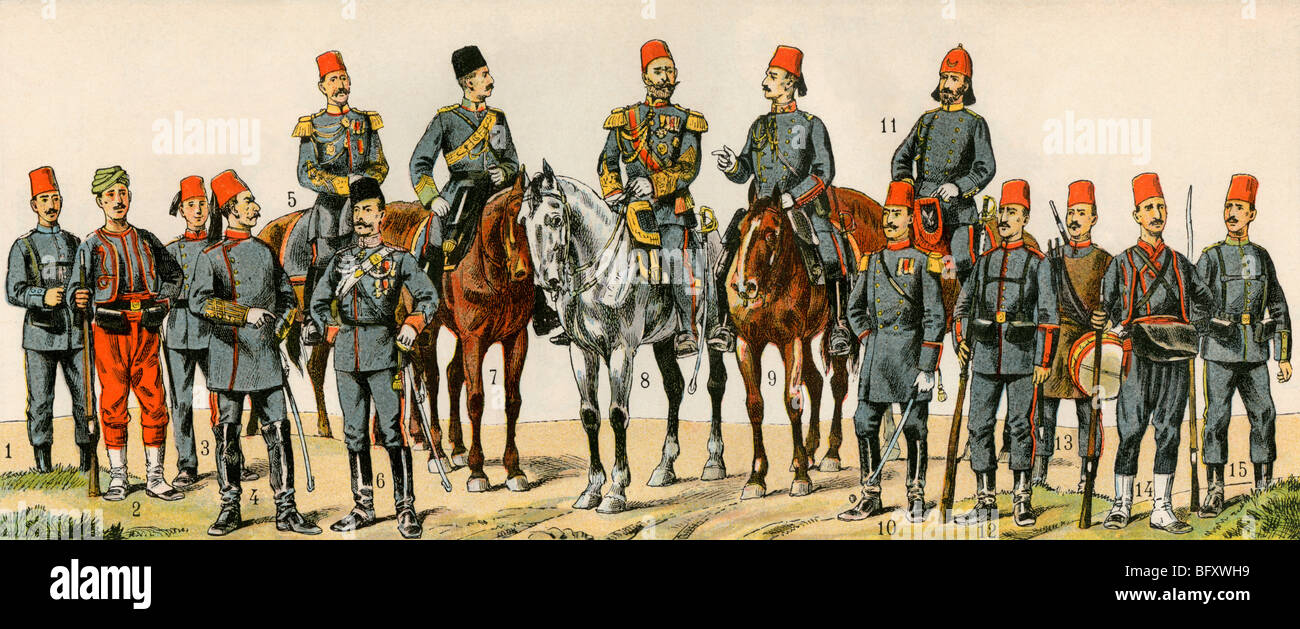 Offiziere des Osmanischen Reiches, ca. 1900. Farblithographie ...
