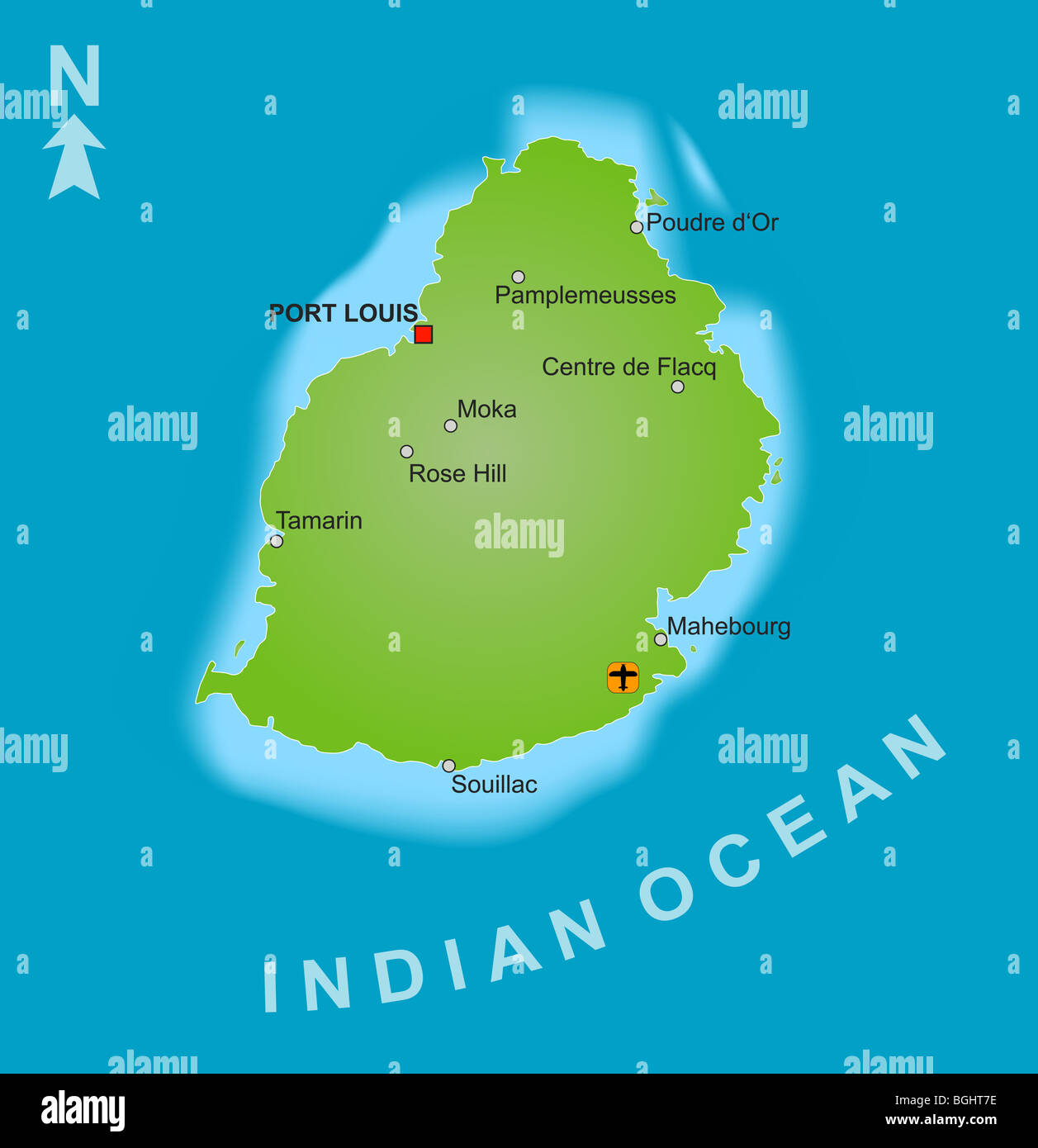 Eine stilisierte Karte von Mauritius zeigt die Insel und verschiedenen ...