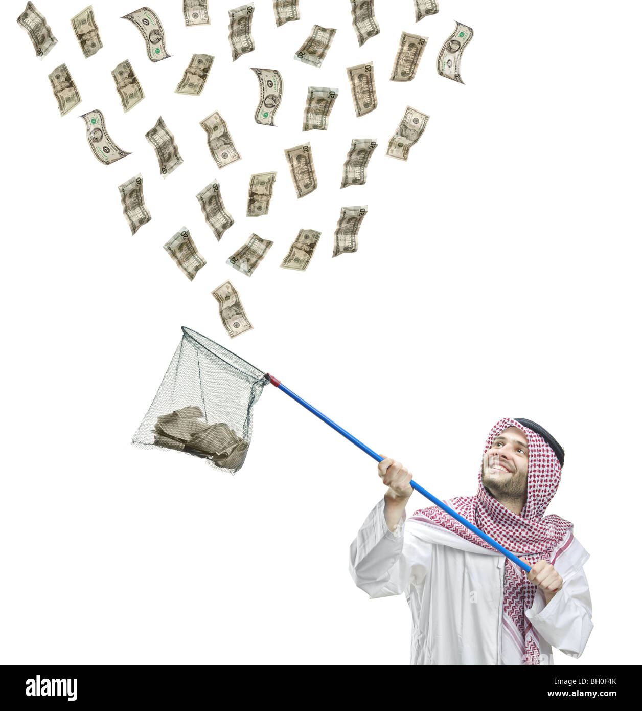 Arabische Person Geld sammeln mit einem Schmetterlingsnetz, isoliert ...