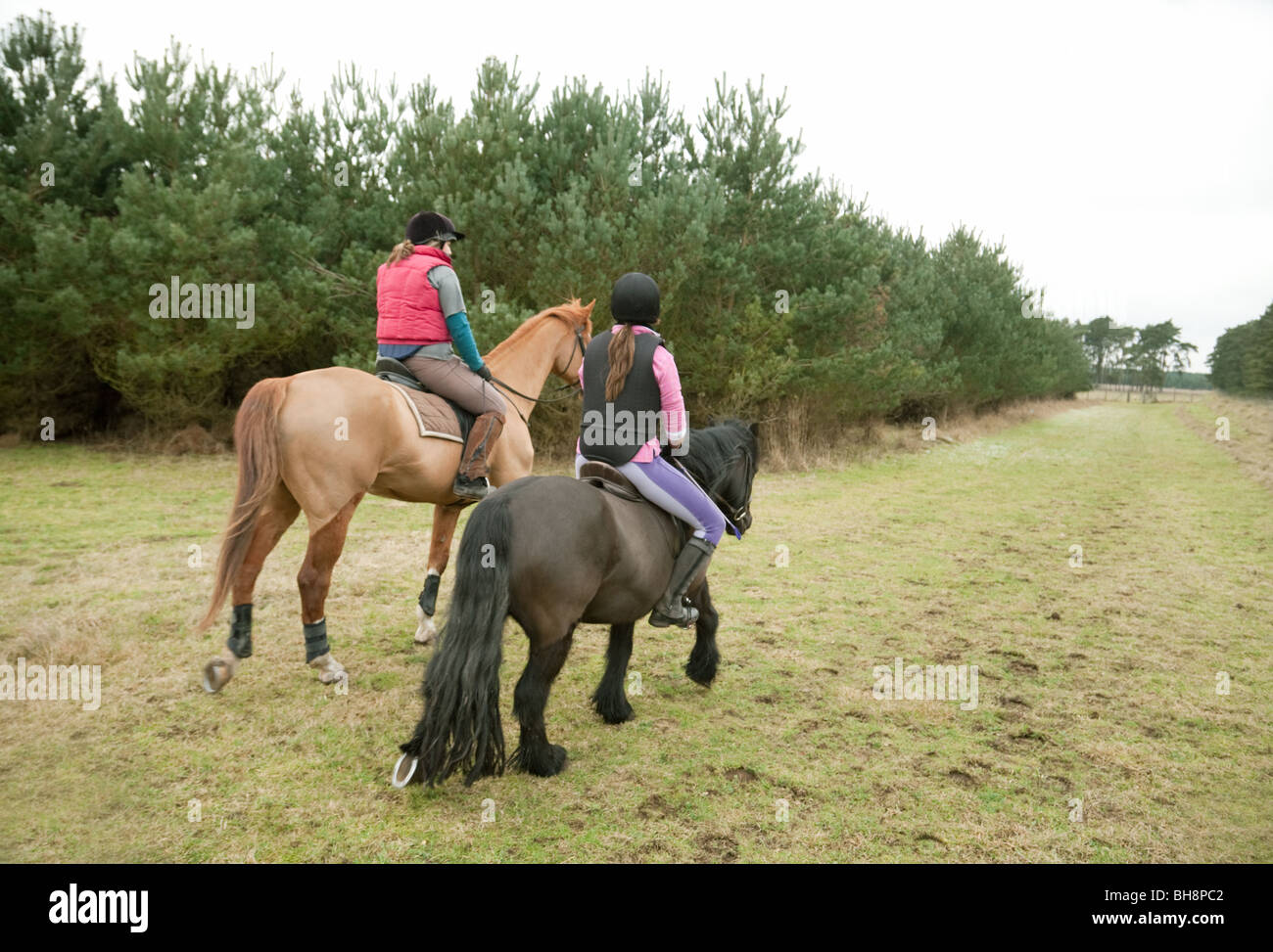 Zwei Mädchen im Teenageralter Reiten ihre Pferde und Pony durch den ...