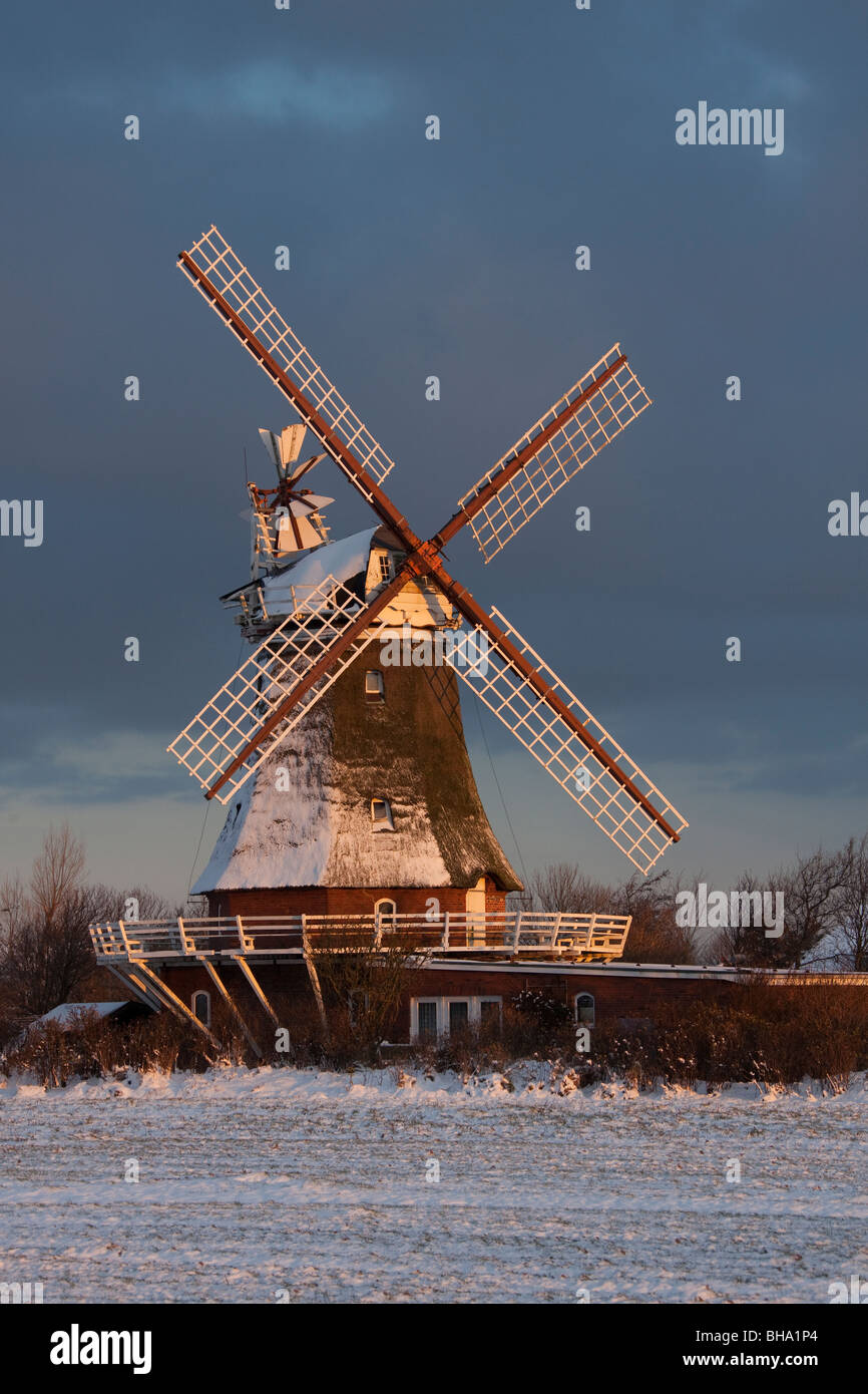 Windmühle im Schnee im Winter bei Sonnenuntergang, Oldsum, Insel Föhr ...