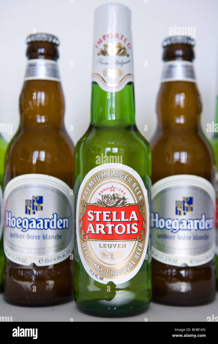 Belgische Stella Artois und Hoegaarden Bier in Flaschen Stockfotografie ...