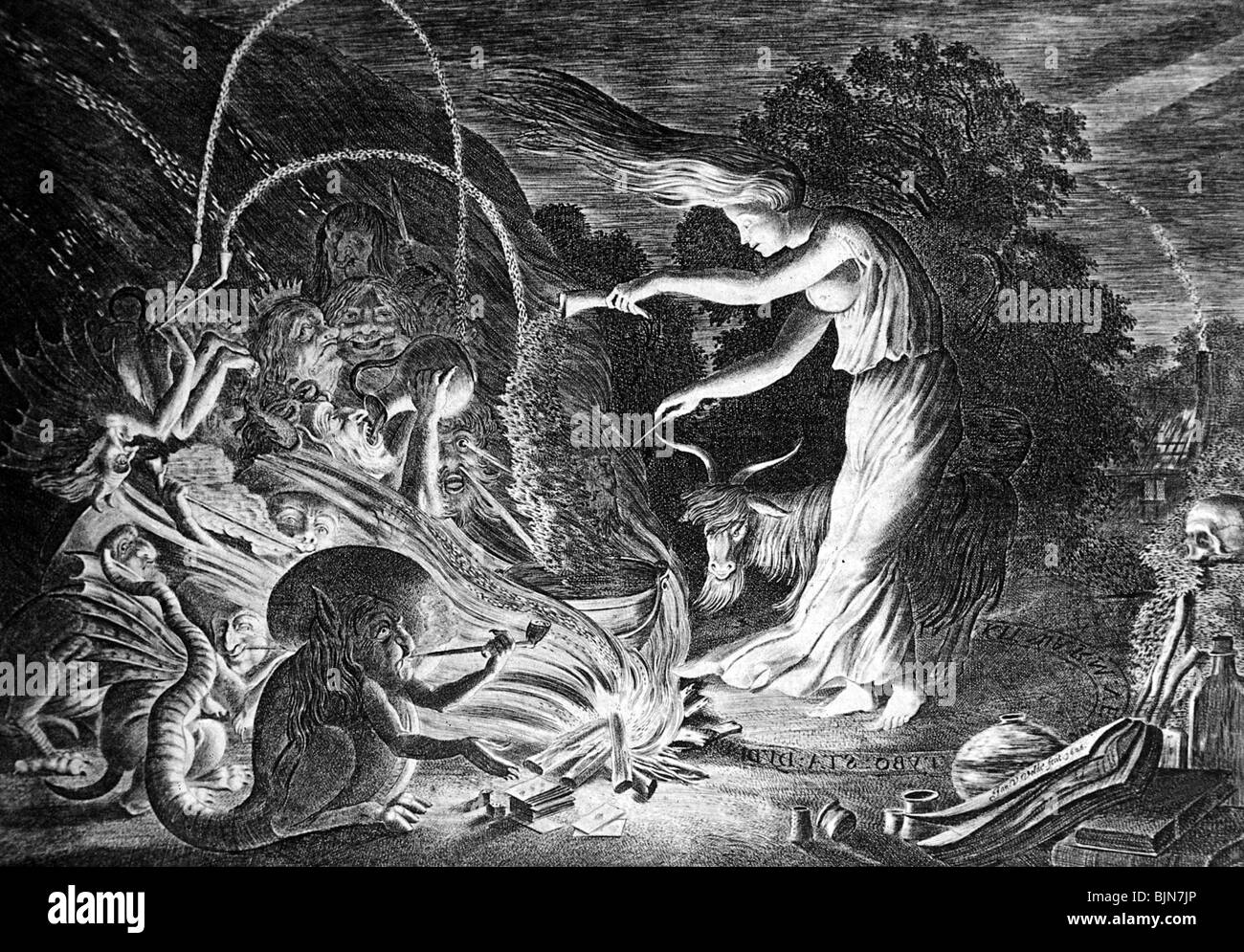 Hexen, Hexe, einen Trank brauen, Kupferstich, Hexerei, Schwarze Magie ...