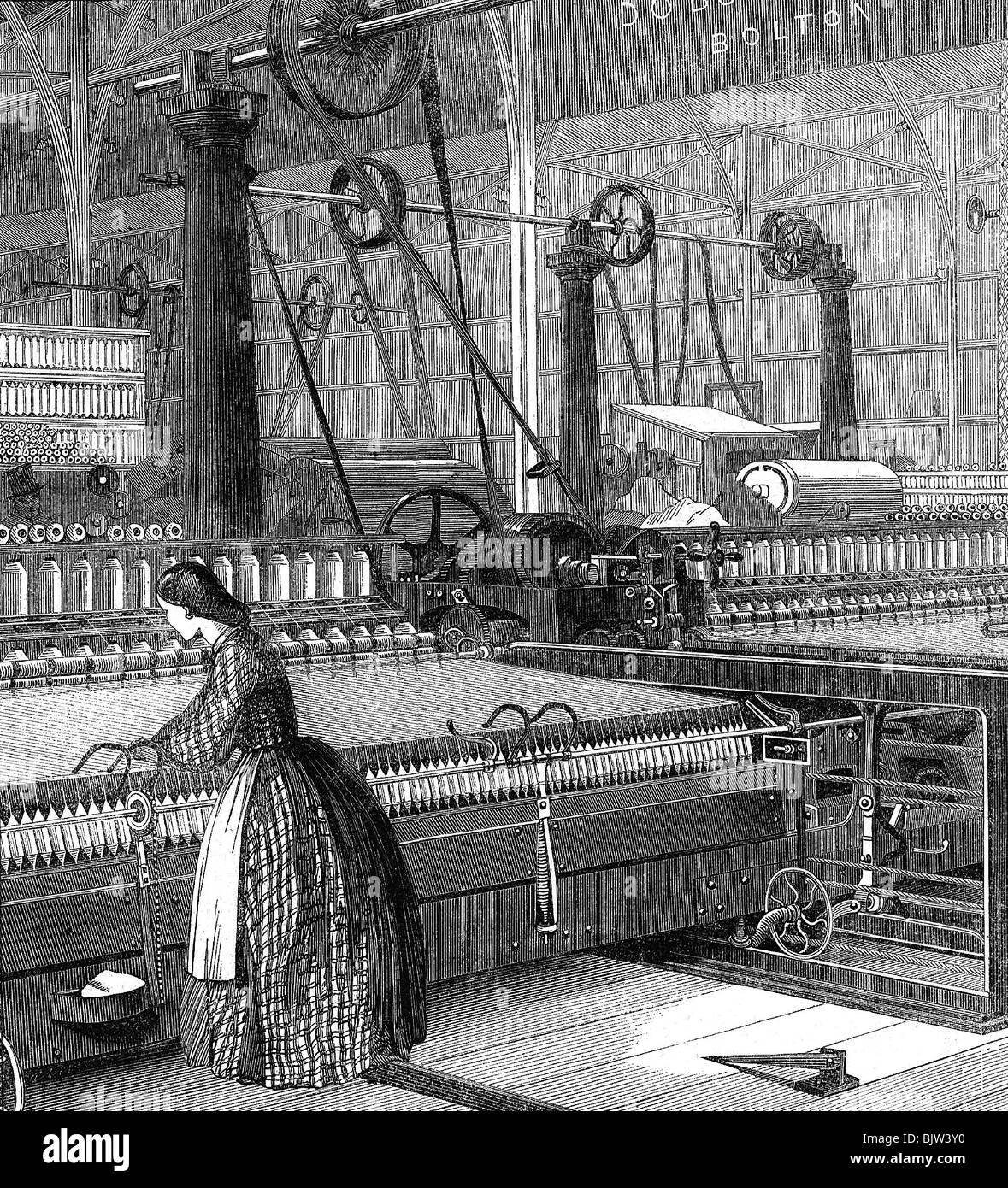 Industrie, Textilindustrie, Frau am Baumwoll-Spinnering-Rahmen ...