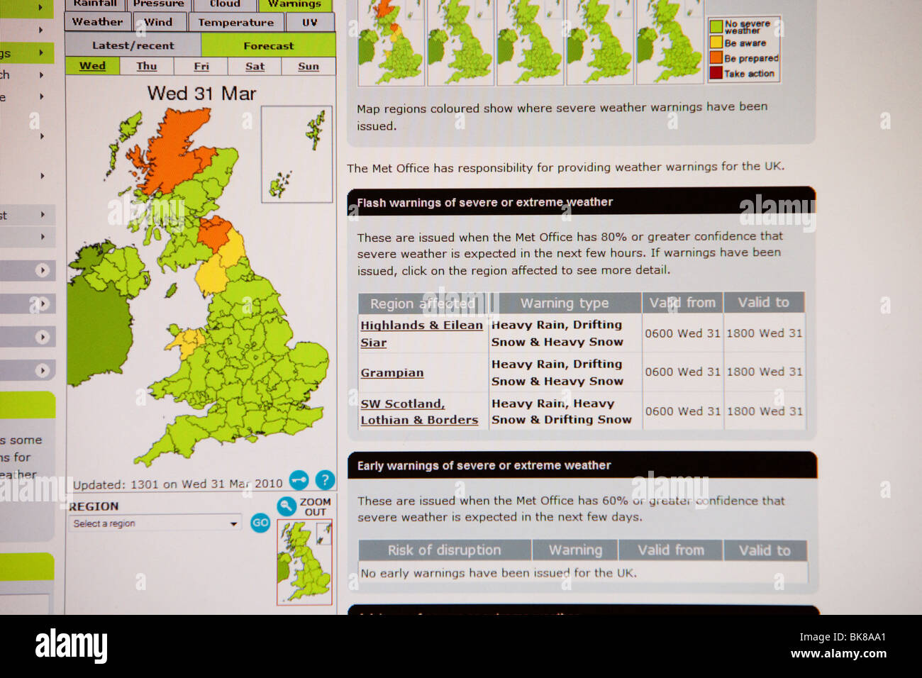 Eine Wetter-Warnung für Unwetter auf der Website von Met Office, UK ... Eine Wetter-Warnung für Unwetter auf der Website von Met Office, UK ...