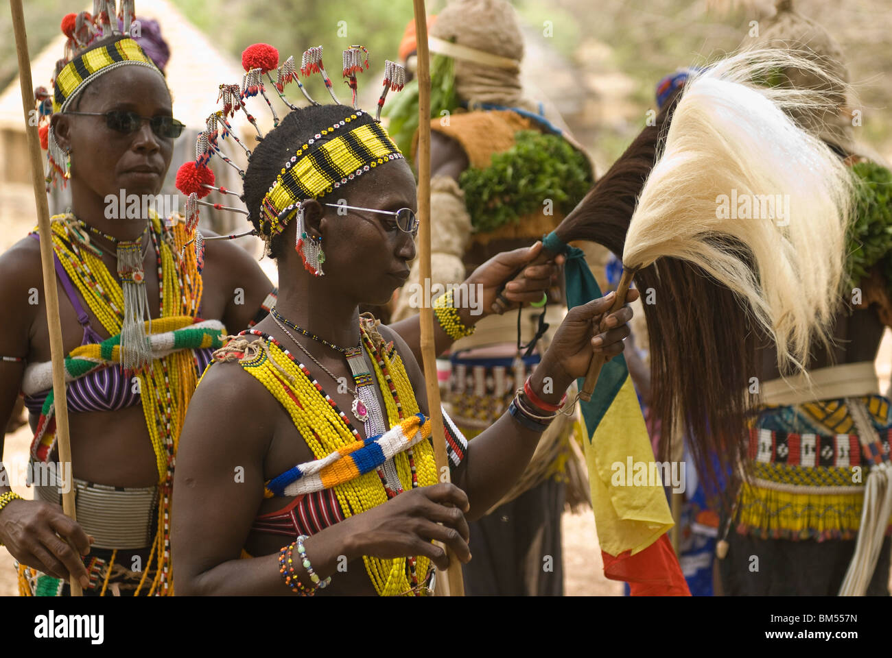 Bassari Feier mit Tänzern auf traditionelle Kleidung, Ethiolo Dorf ...