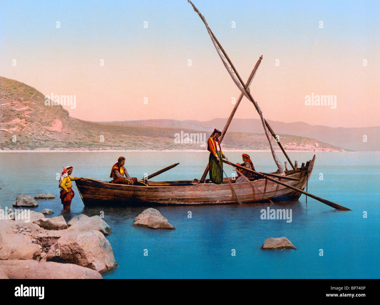 Fischerboot auf dem See Tiberias, Heiliges Land, Israel, um 1900 ...