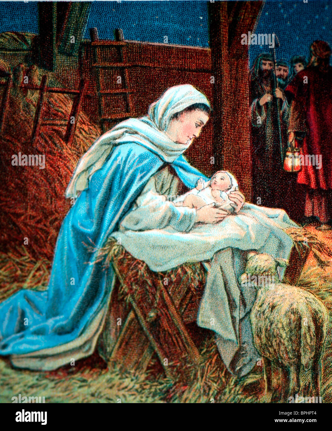 1898 Bibellektionskarte mit Bild der Geburt Christi. Maria und das Jesuskind im Stall ...