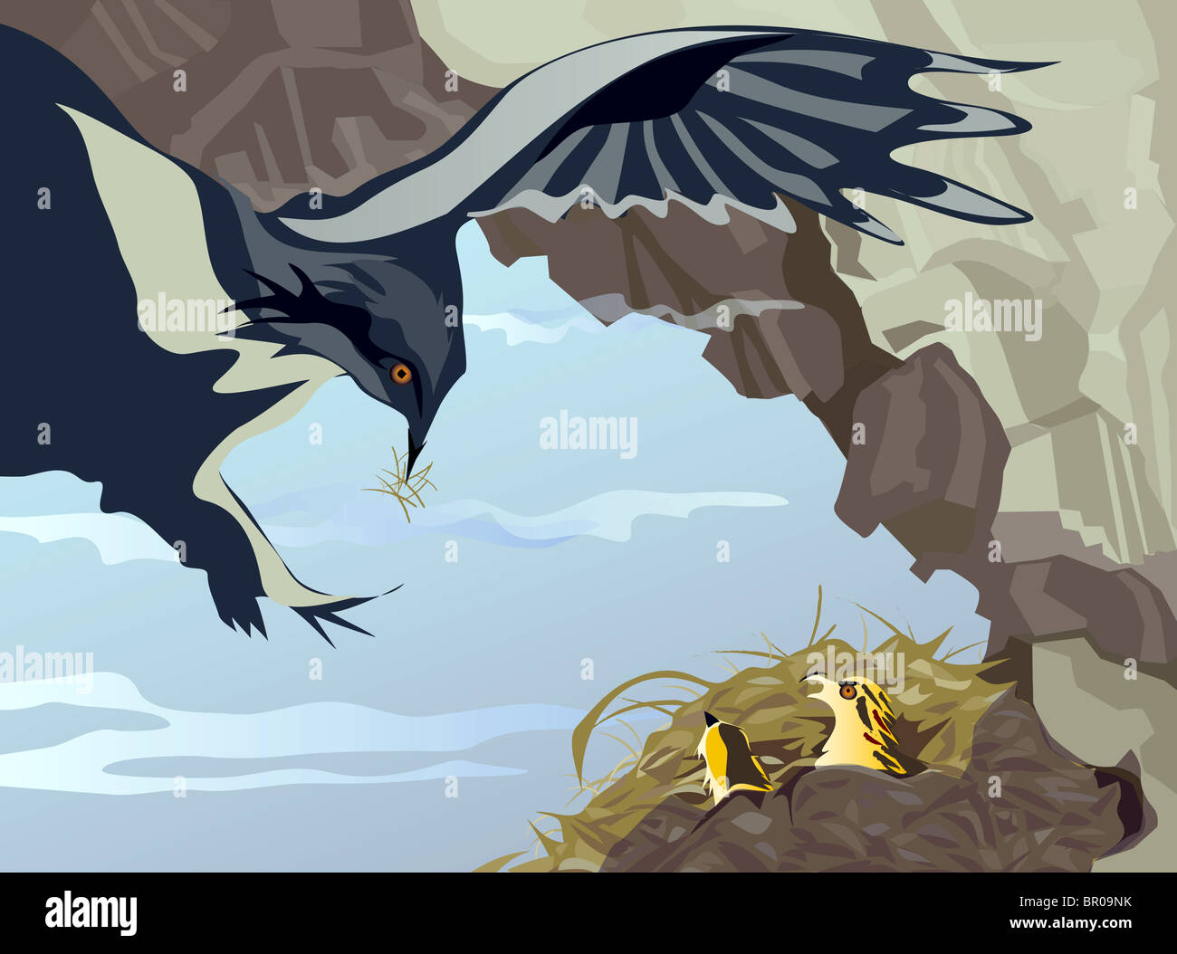 Eine Zeichnung von Mutter Vogel fliegt zu ihrem nest Stockfotografie ...